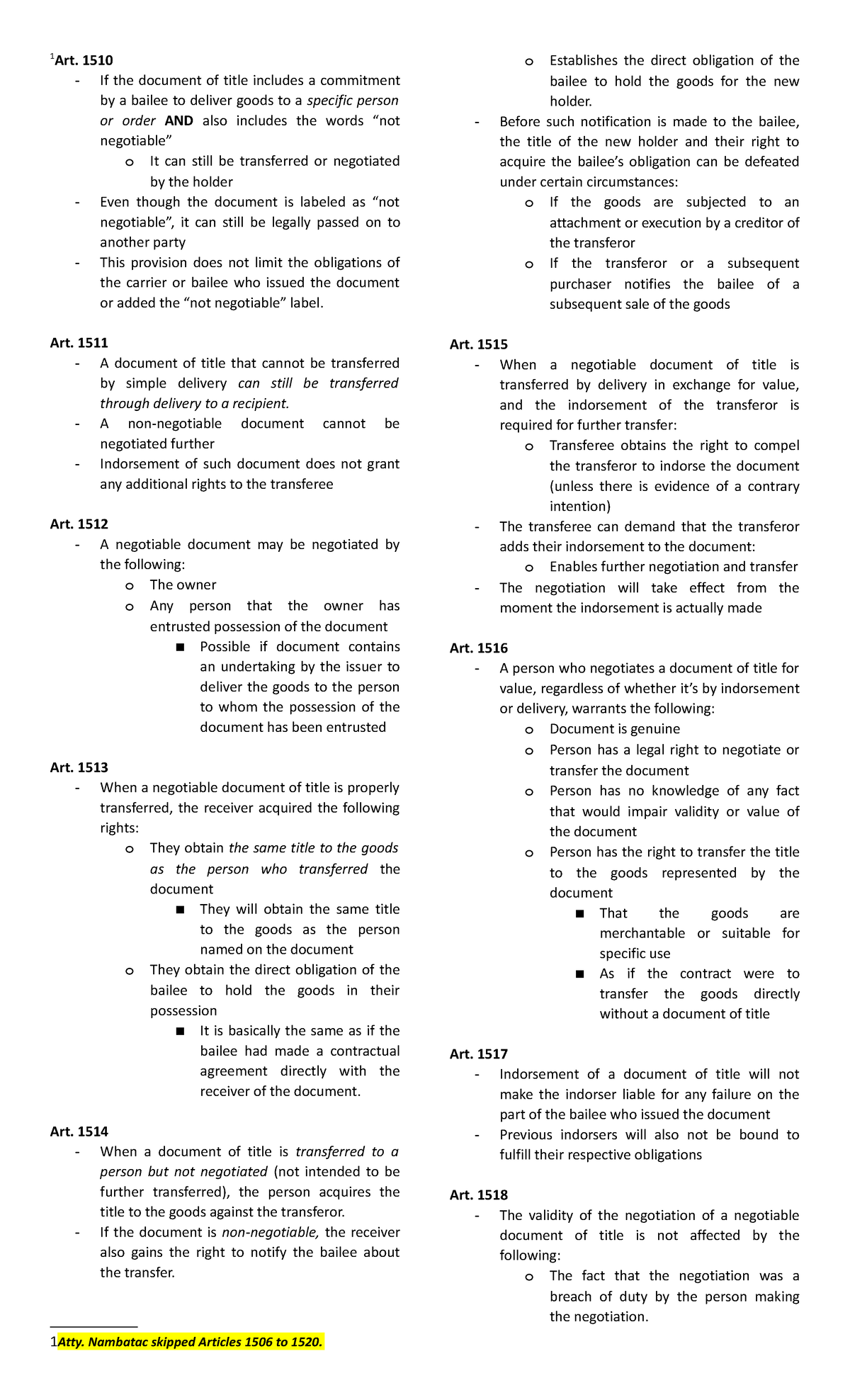 Notes on Art. 1510 - 1544 - 1 Art. 1510 - If the document of title ...