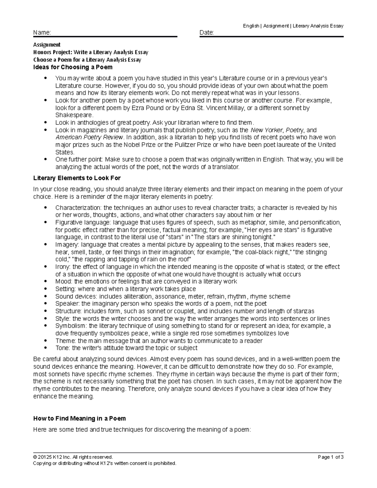 NG ELA10 Honors Project Literary Analylsis Assignment - English ...