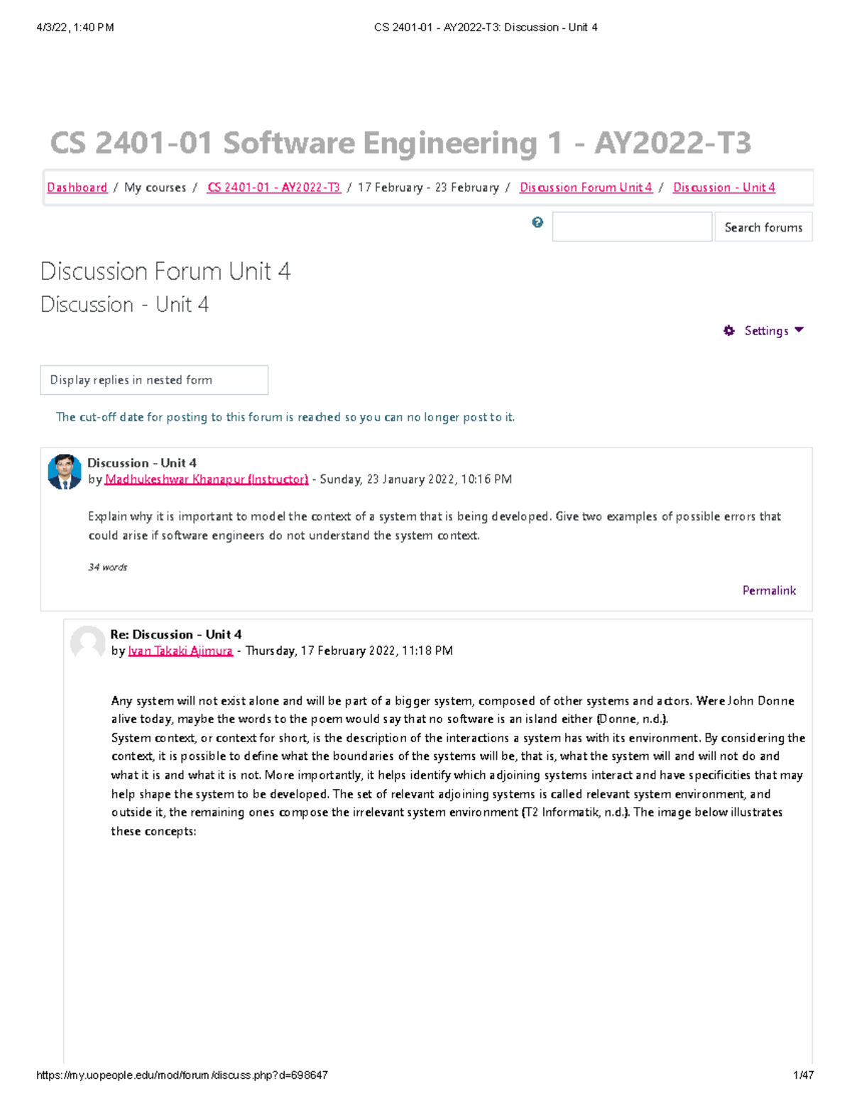 CS 2401-01 - AY2022-T3 Discussion - Unit 4 - CS 2401-01 Software Engineering 1 - AY2022-T ...