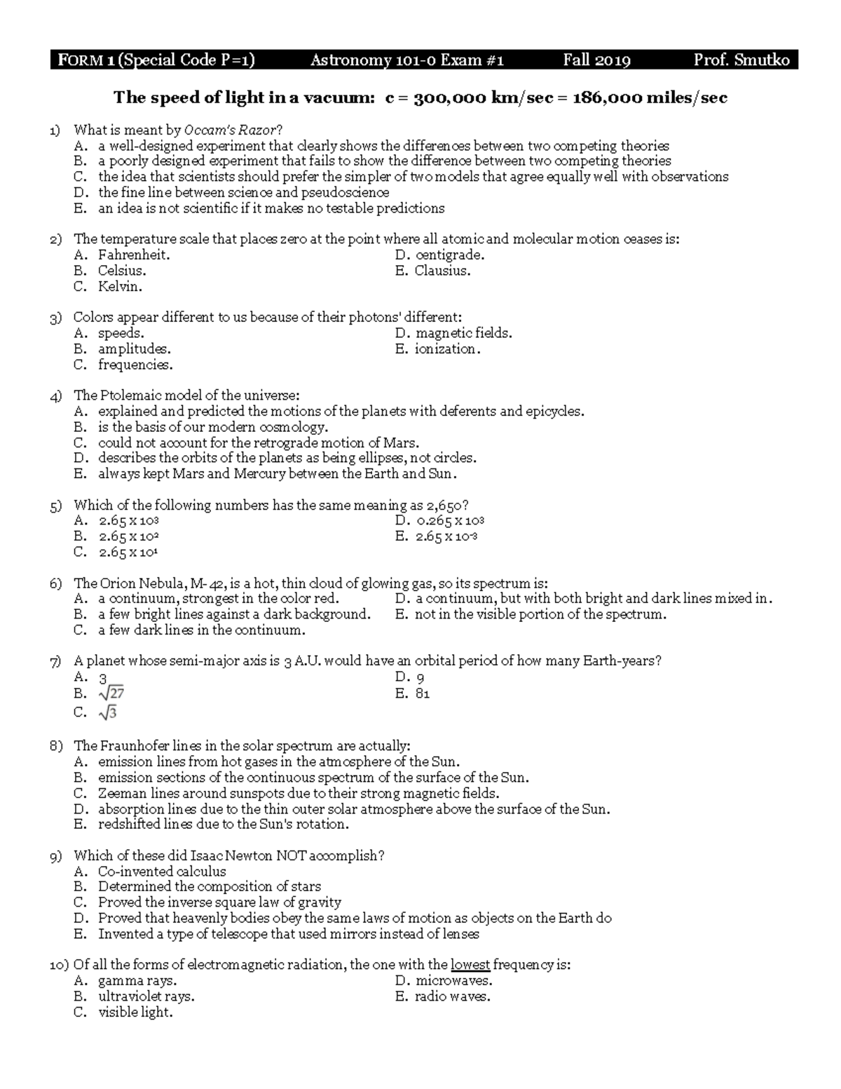 2019 Exam1 - practice exam - The speed of light in a vacuum: c ...