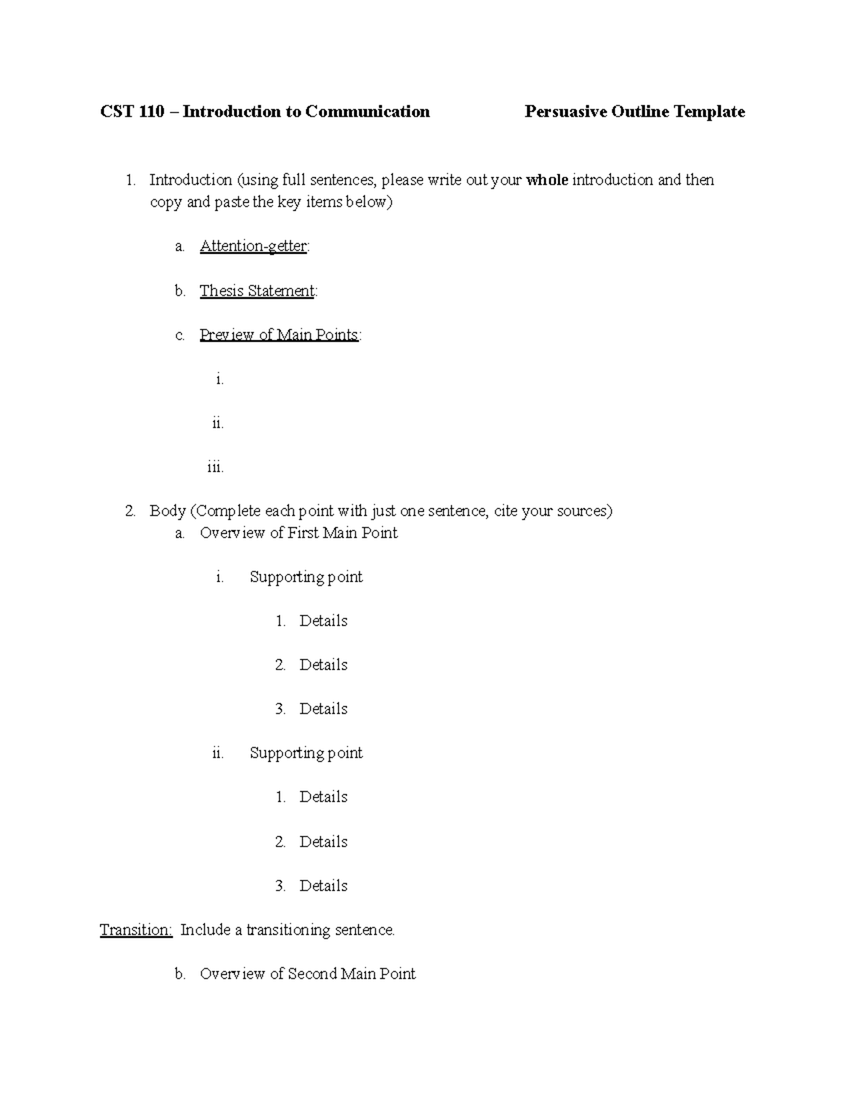 CST 110 - Persuasive Outline Template - CST 110 – Introduction to ...