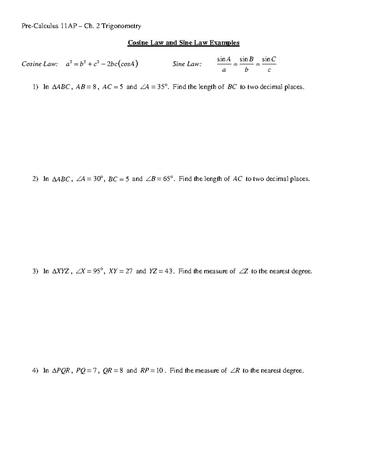 Ma11 - Practice - Pre-Calculus 11AP – Ch. 2 Trigonometry Cosine Law: a ...