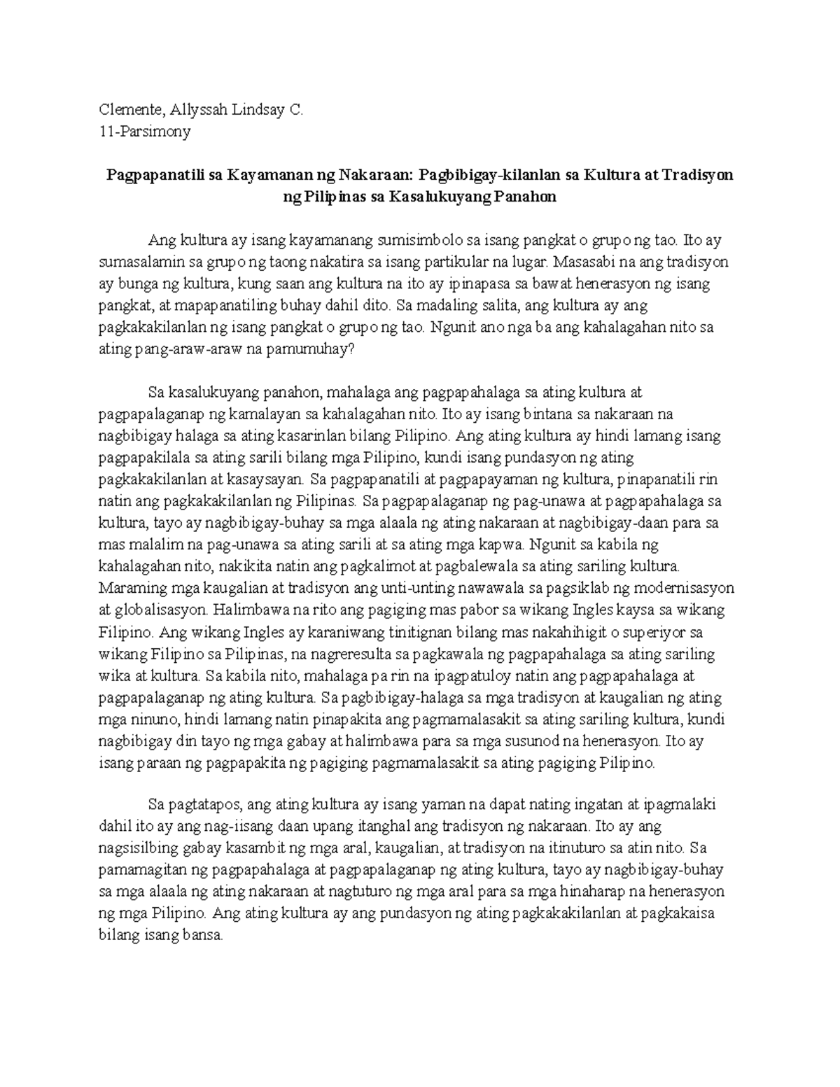 position paper (fpl) - Clemente, Allyssah Lindsay C. 11-Parsimony ...