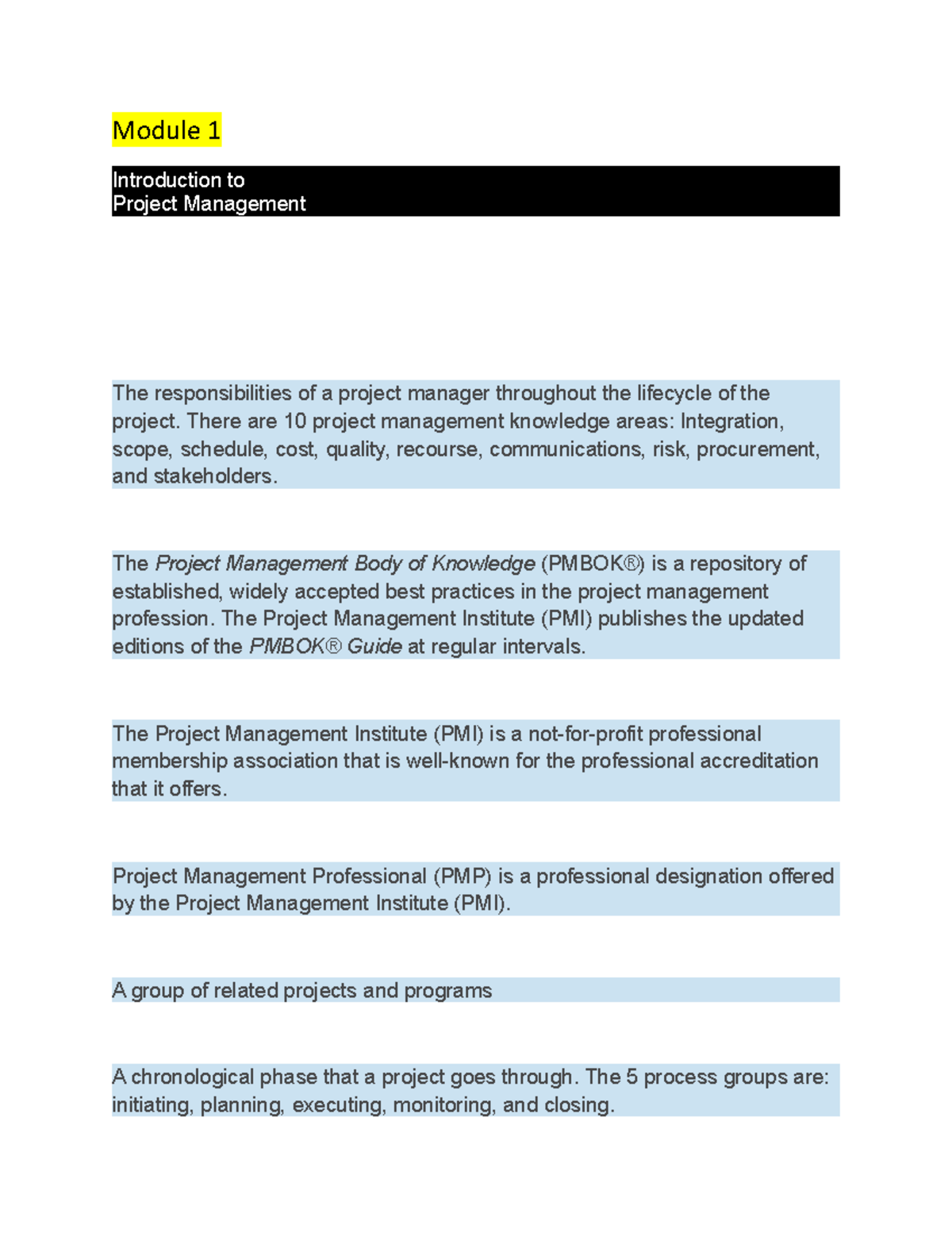 Modules 1-2 Module - Module 1 Introduction to Project Management Key ...