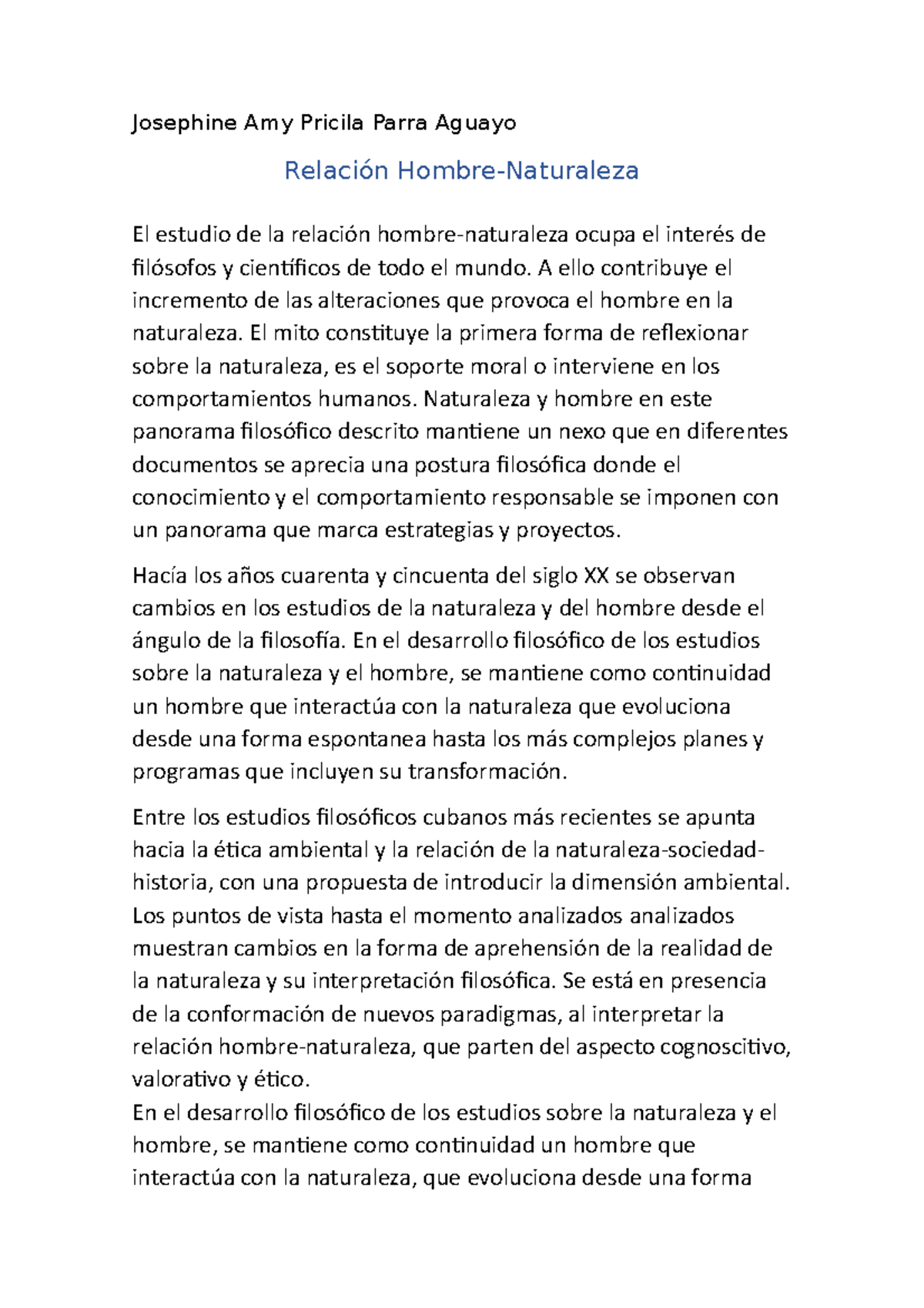 Trabajo Amy Parra (El ser humano y la naturaleza) - Josephine Amy ...