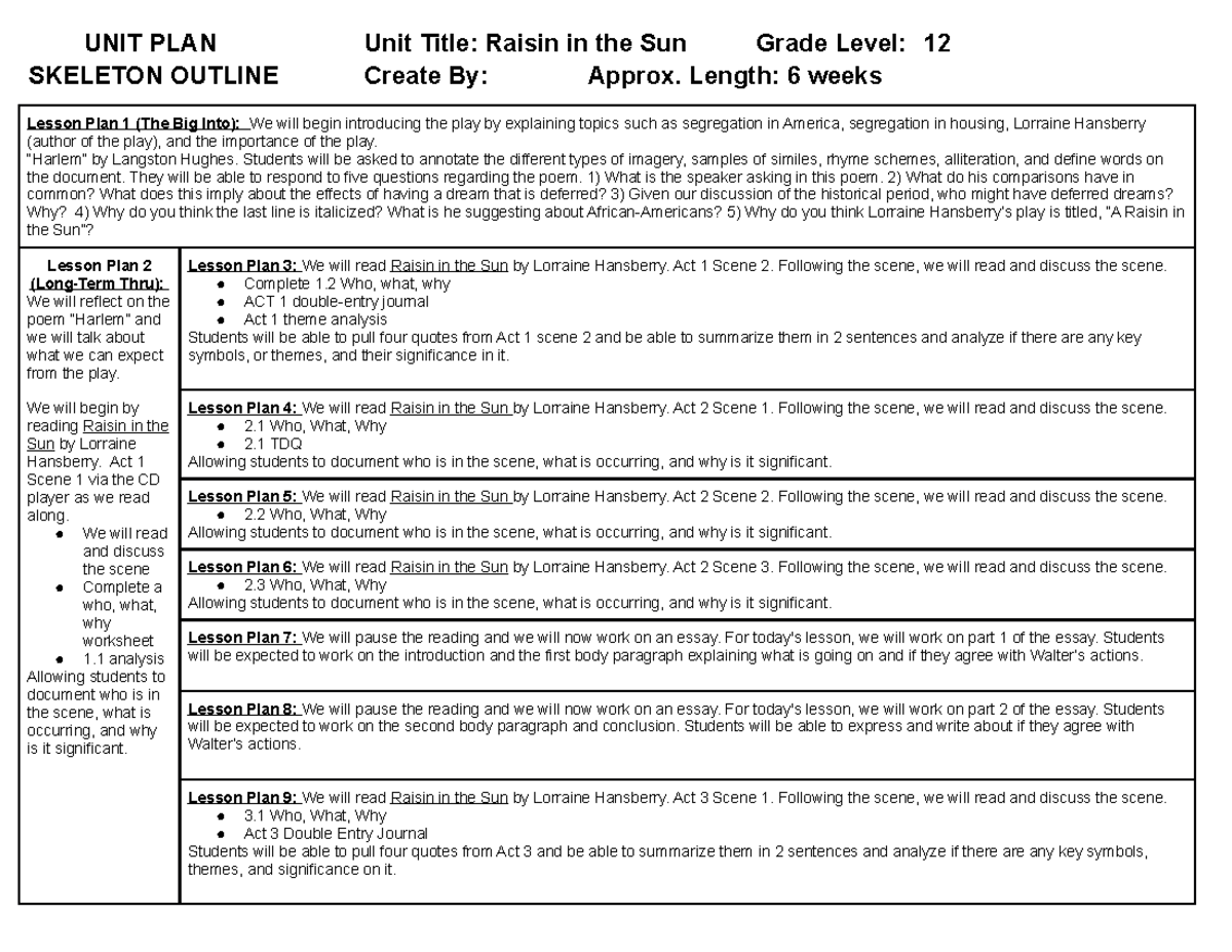 Raisin in the Sun- Thematic Unit Plan - UNIT PLAN Unit Title: Raisin in ...