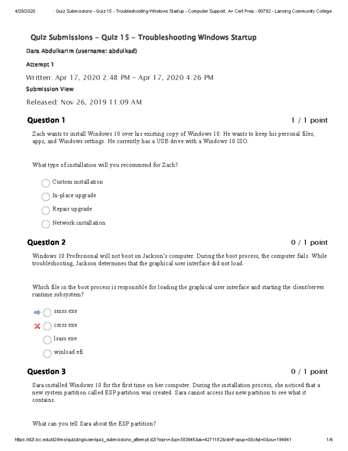 Quiz Submissions - Quiz 15 - Troubleshooting Windows Startup - Computer Support A+ Cert Prep ...
