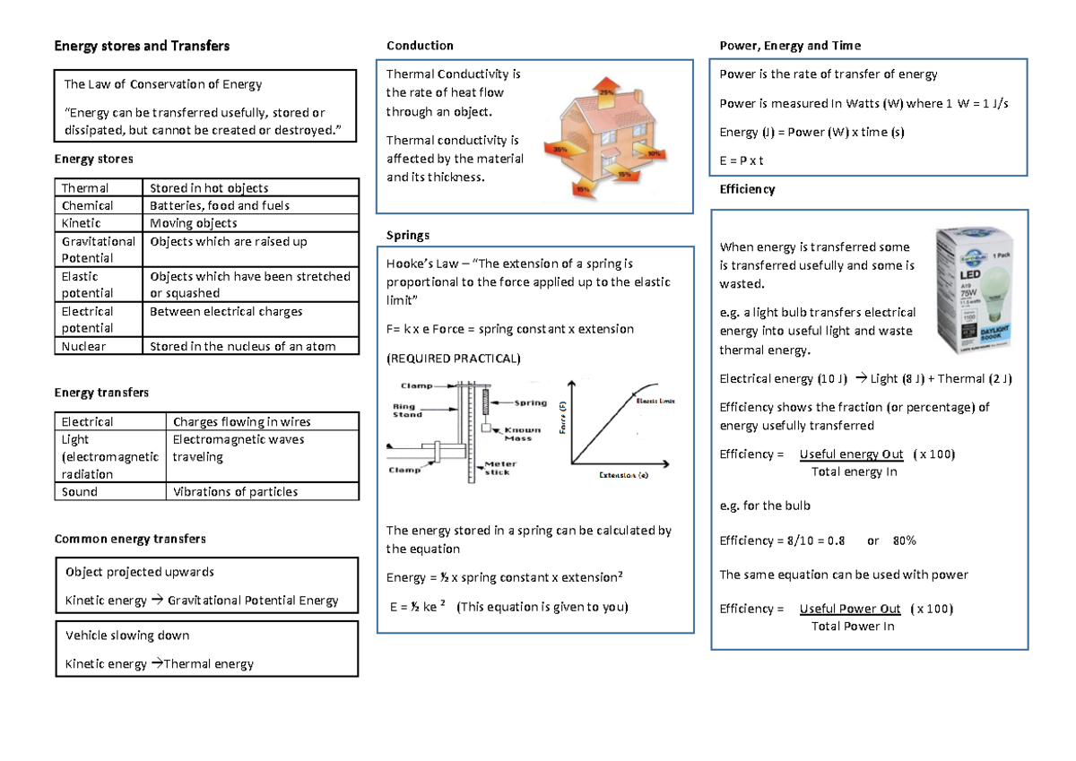 Physics UNIT 1 Knowledge Organiser - Energy stores and Transfers Energy ...