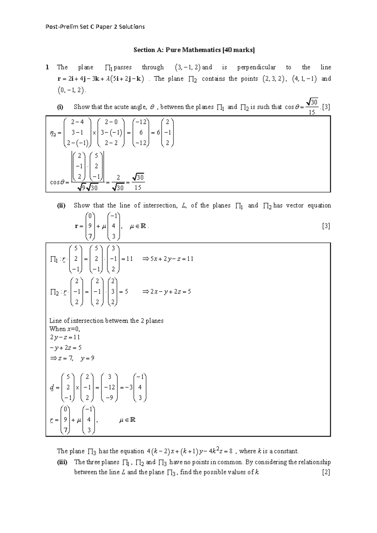 云 (11) - help - Section A: Pure Mathematics [40 marks] 1 The plane ∏ 1 ...