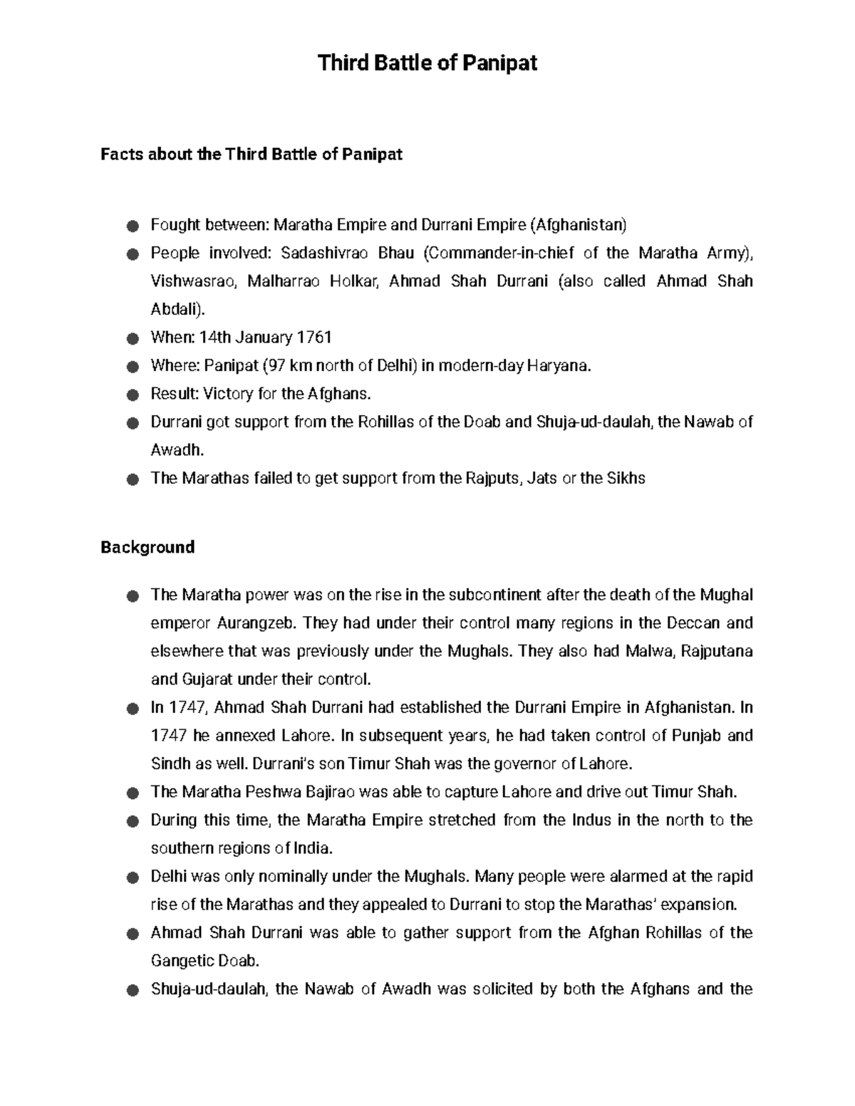 Third Battle of Panipat - When: 14th January 1761 Where: Panipat (97 km ...