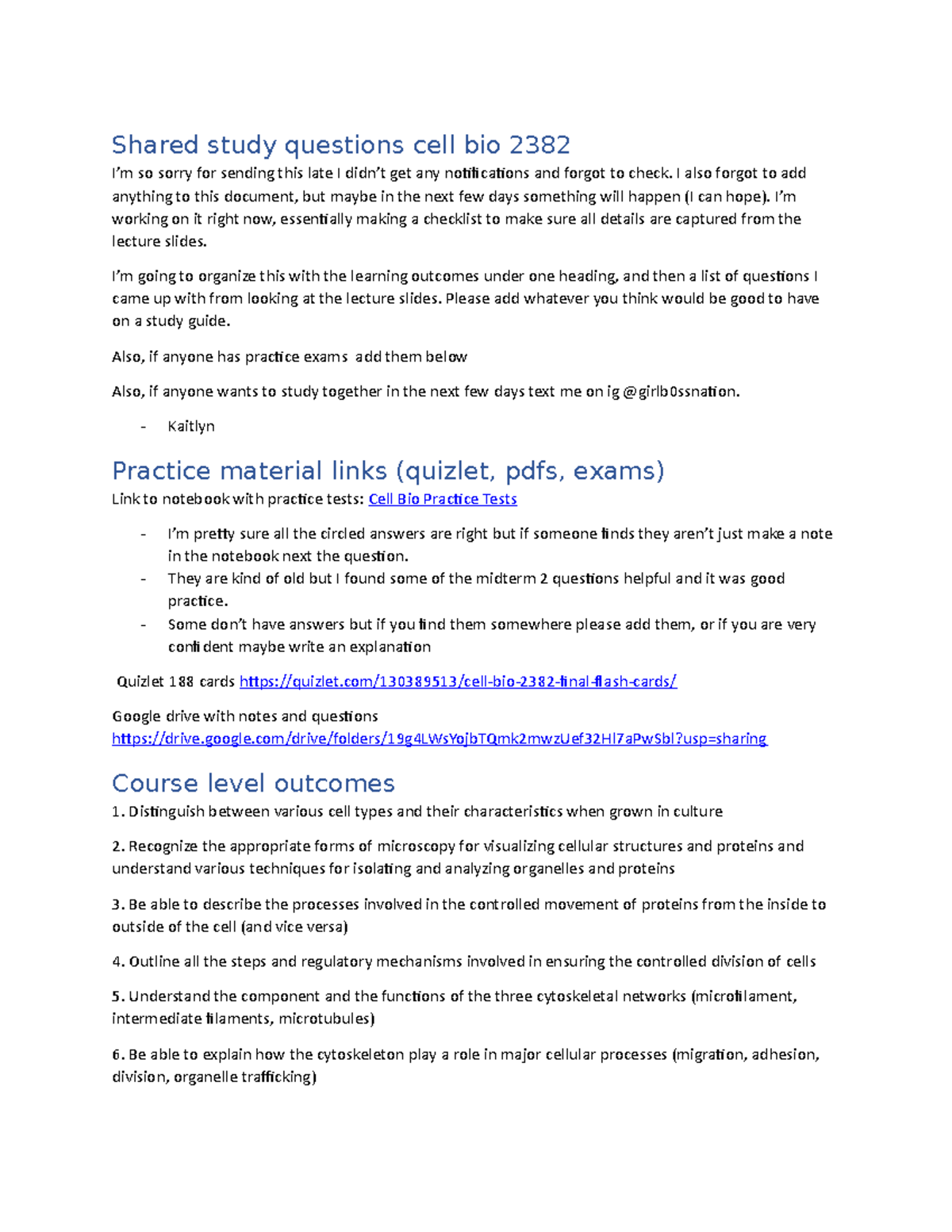 Cell bio 2382 shared study questions - Shared study questions cell bio ...