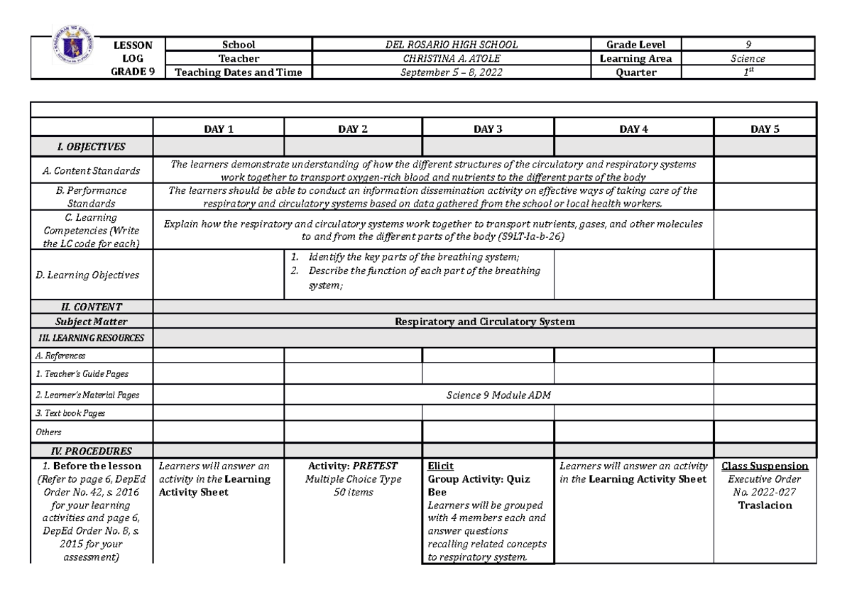 Science 9 week 2 - bonifacio - LESSON LOG GRADE 9 School DEL ROSARIO ...