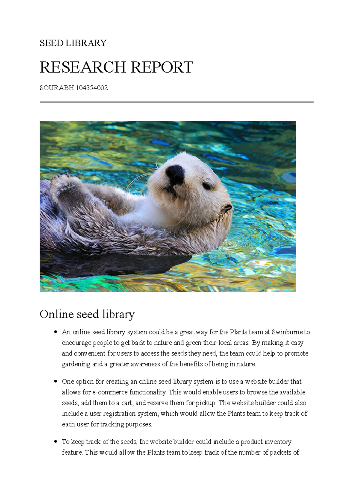 Research report - SEED LIBRARY RESEARCH REPORT SOURABH 104354002 Online ...