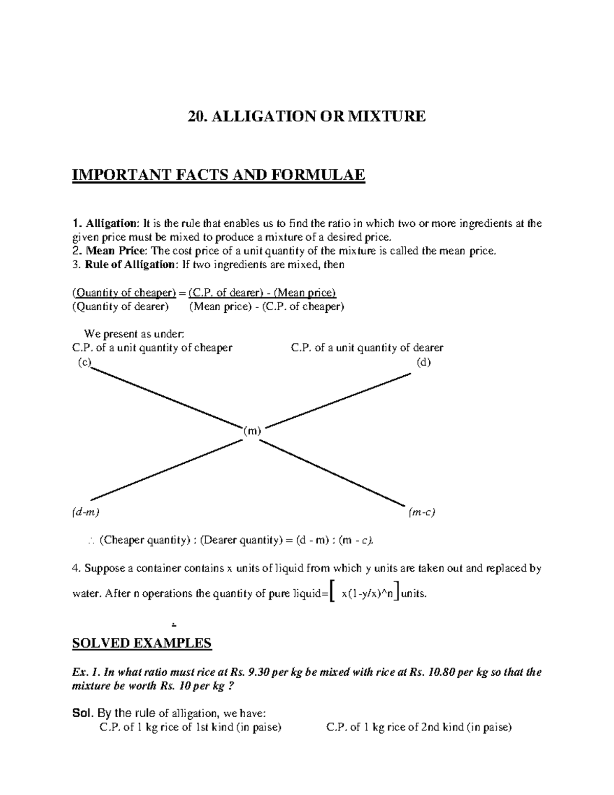 Alligation and simple interest - 20. ALLIGATION OR MIXTURE IMPORTANT ...