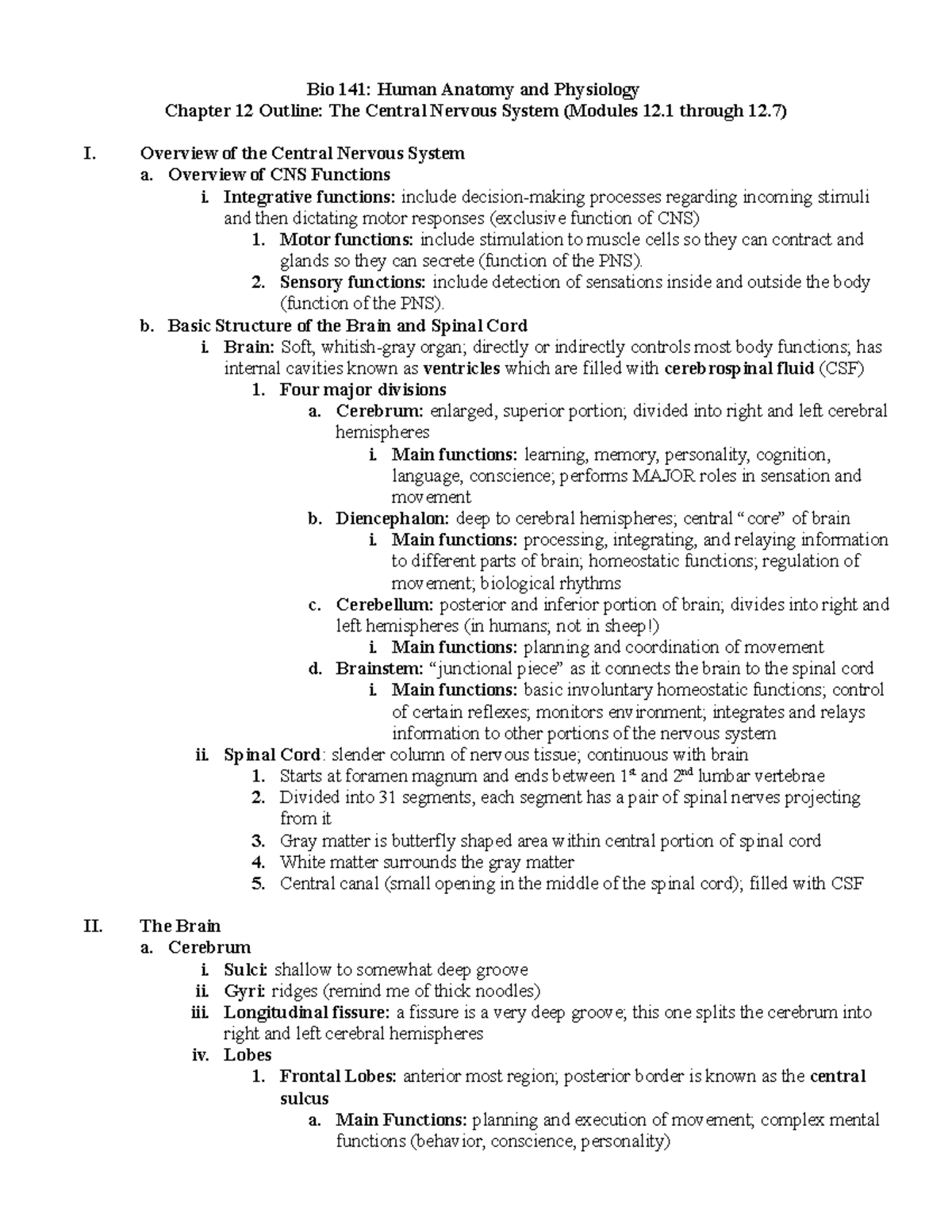 Bio141Chapter 12outline Fall2022 - Bio 141: Human Anatomy and ...