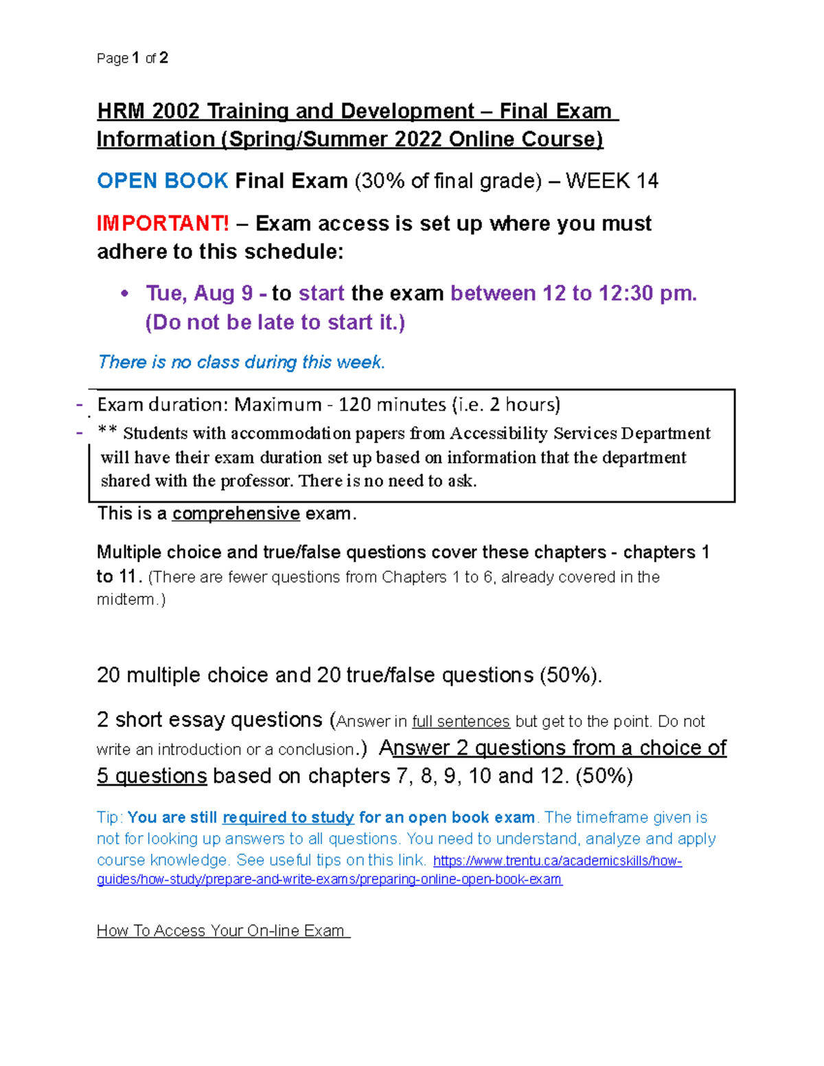 Final EXAM Info -HRM 2002 S2022 Online Class - Page 1 of 2 HRM 2002 ...