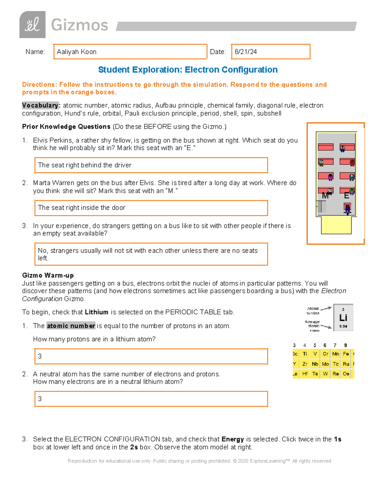 Electron Configuration SE - Name: Aaliyah Koon Date: 6/21/ Student ...