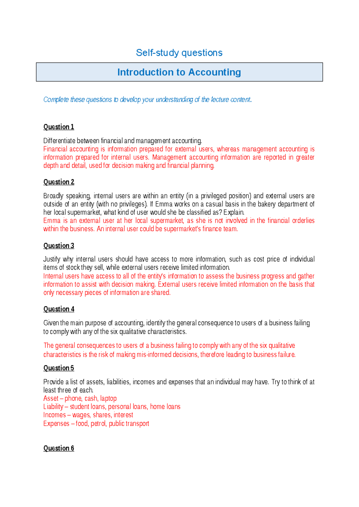 Topic 1 Self-study questions - Self-study questions Introduction to ...