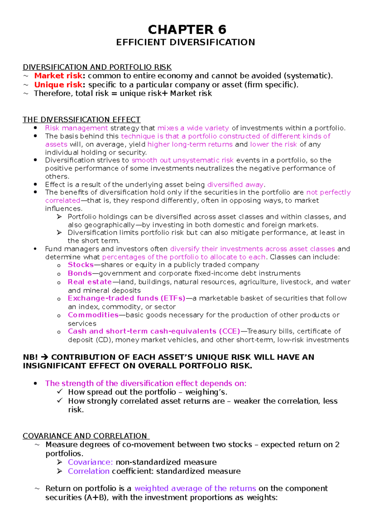 Chapter 6 - Summary Essentials of Investments - CHAPTER 6 EFFICIENT DIVERSIFICATION ...