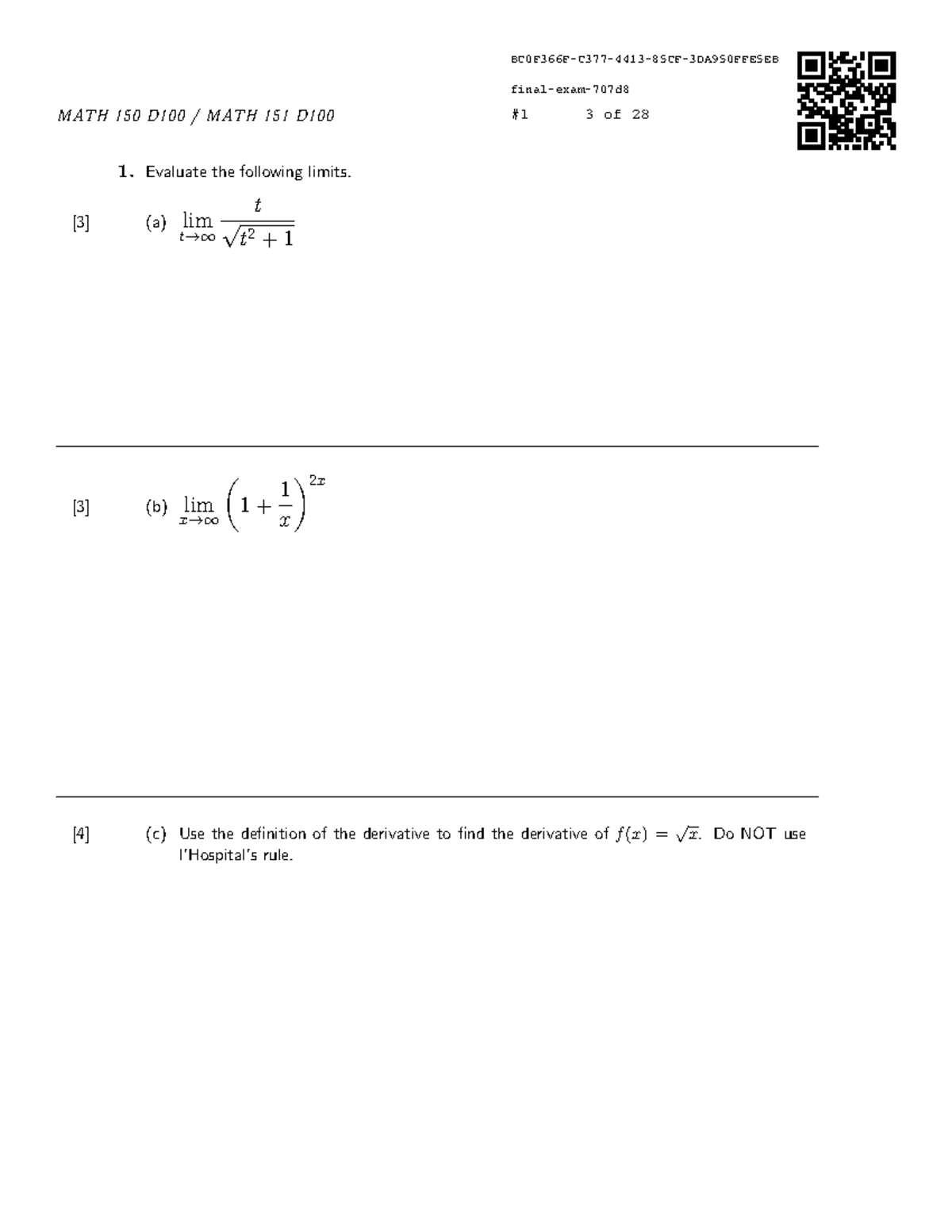MATH1501 Final D-1 - These are practise exams to solve - MATH 150 D100 ...