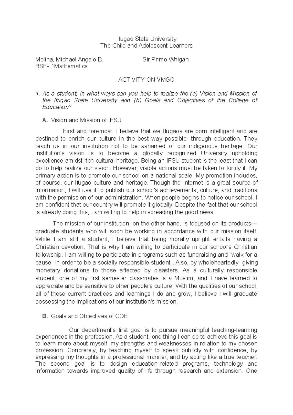 Activity-on-VMGO - This is an instruction - Ifugao State University The ...