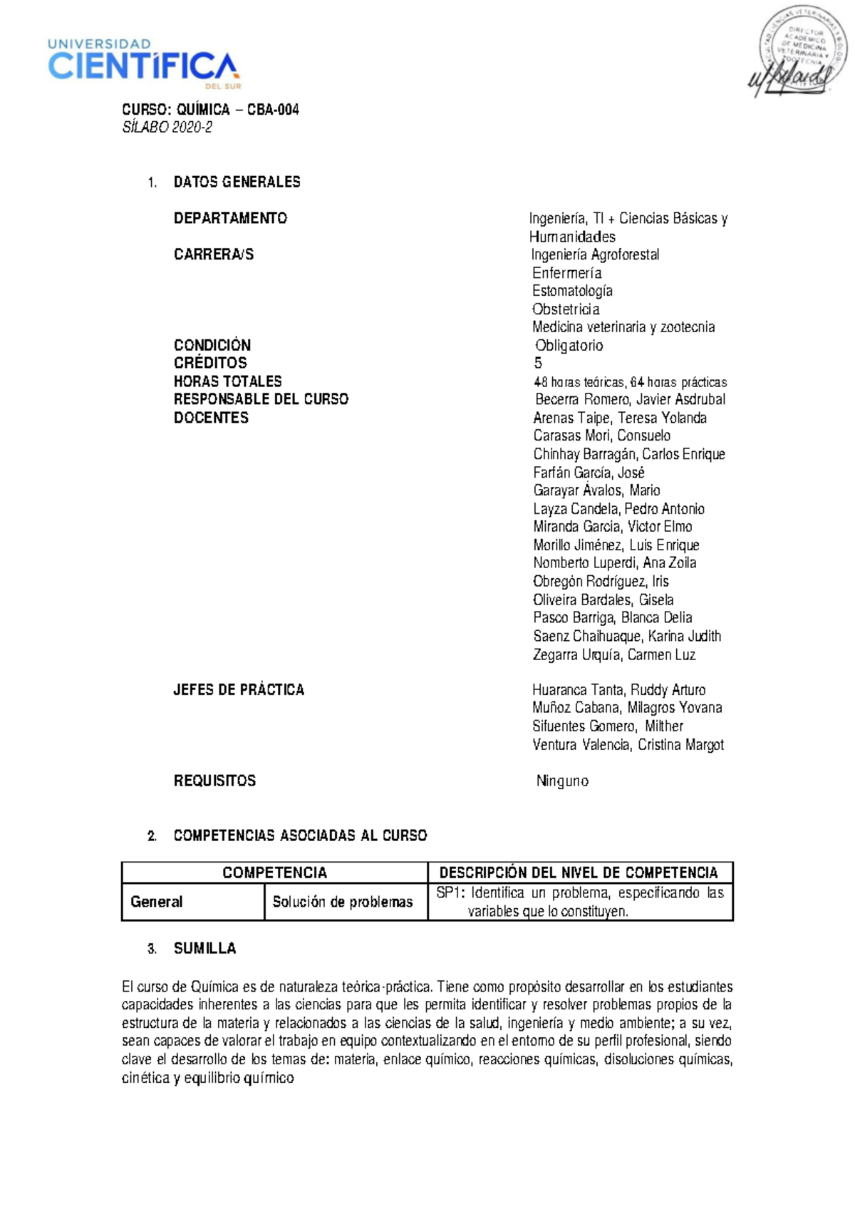 5.Química -1ER Ciclo 2020-2 - CURSO: QUÍMICA – CBA- 004 SÍLABO 2020 - 2 ...