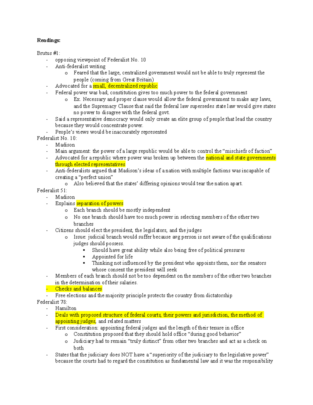 Political Science 1305 Final Review - Readings: Brutus #1: - opposing ...