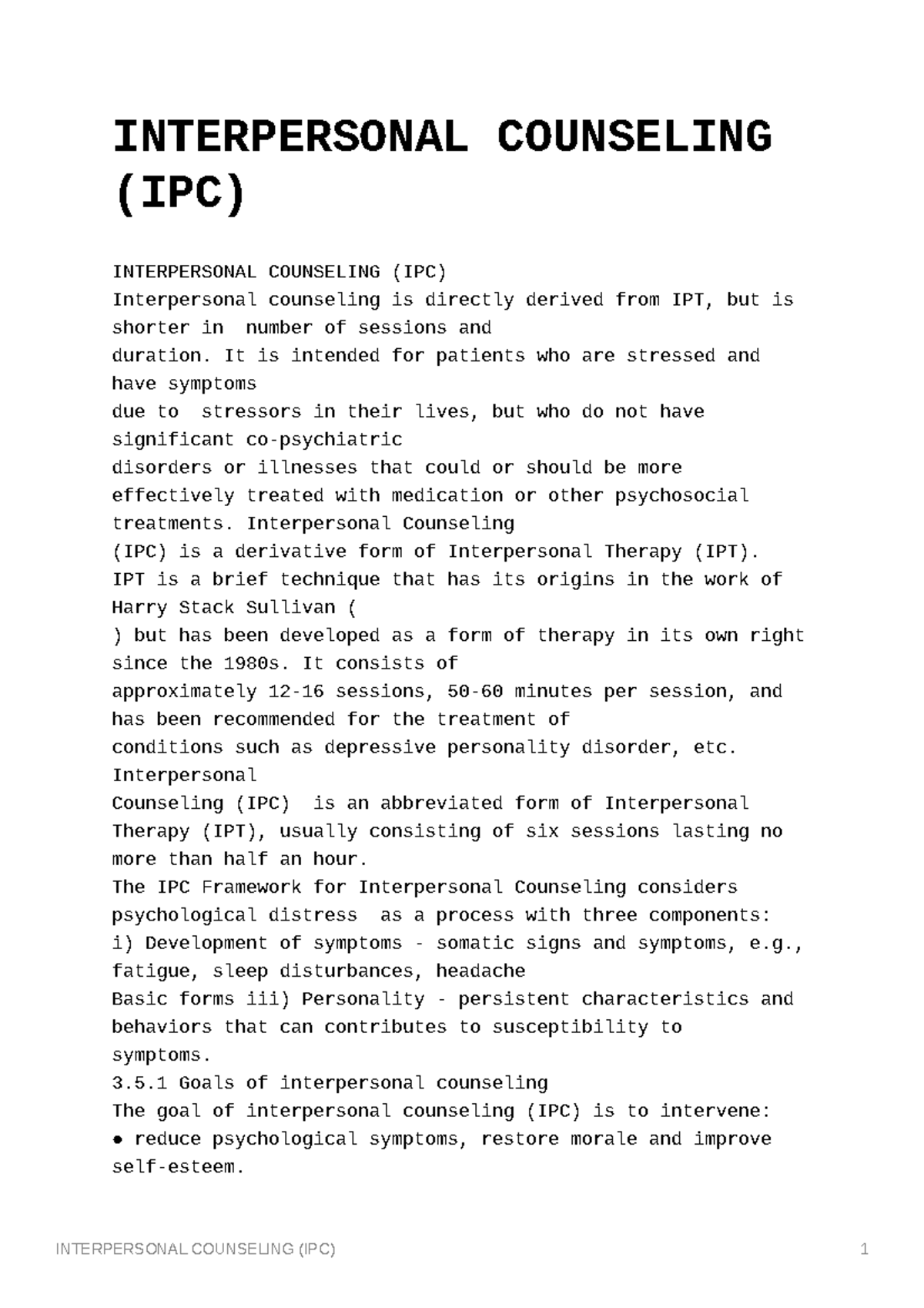 Interpersonal Counseling (IPC) - INTERPERSONAL COUNSELING (IPC) 1 ...