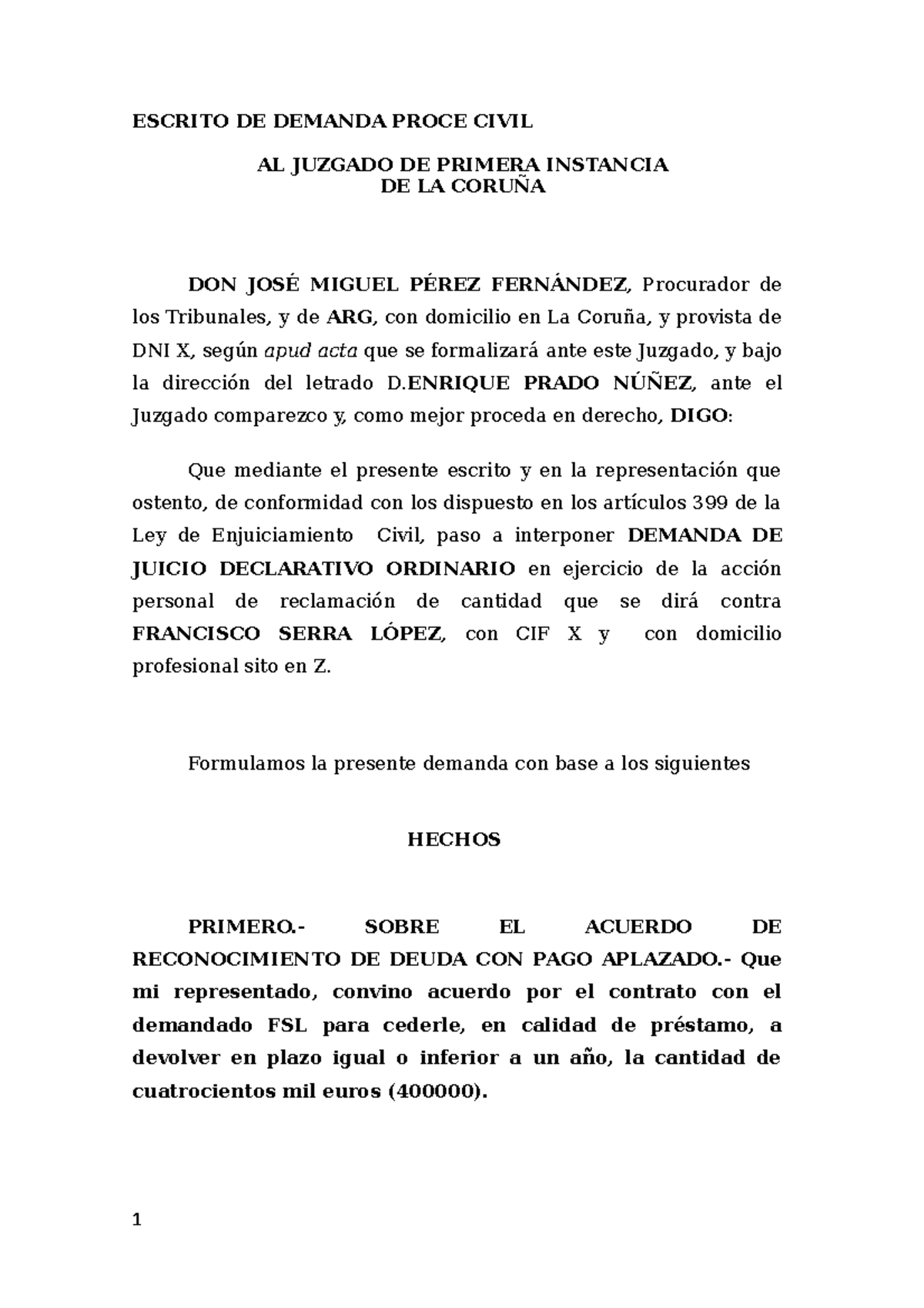 Modelo demanda juicio ordinario - ESCRITO DE DEMANDA PROCE CIVIL AL ...