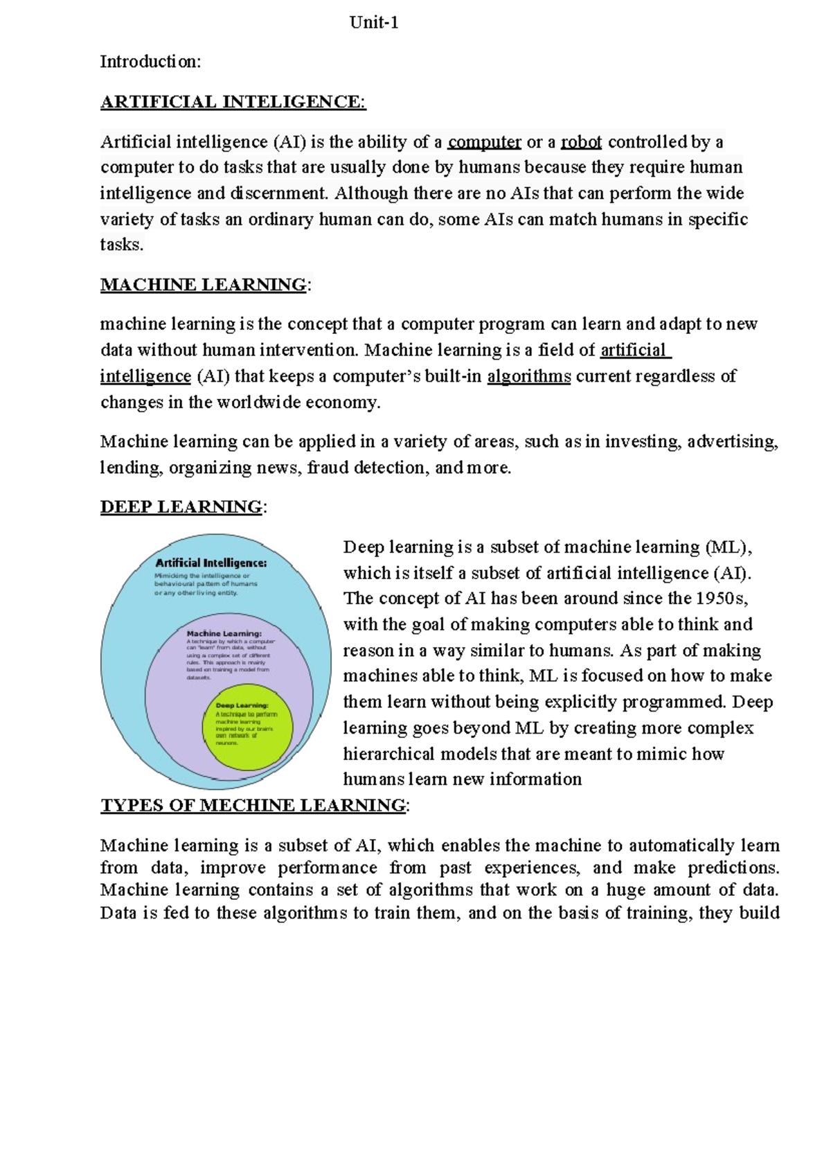 ML unit-1 full notes - Unit- Introduction: ARTIFICIAL INTELIGENCE ...
