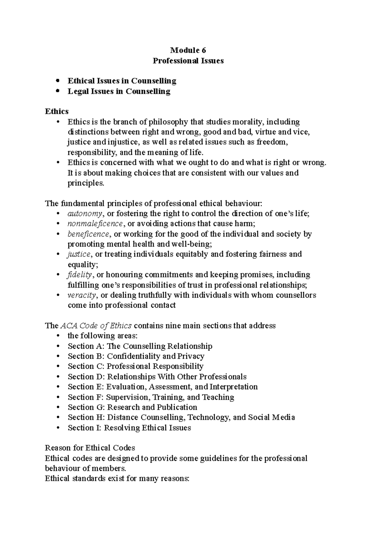 Counselling - Module 6 - Module 6 Professional Issues Ethical Issues in ...