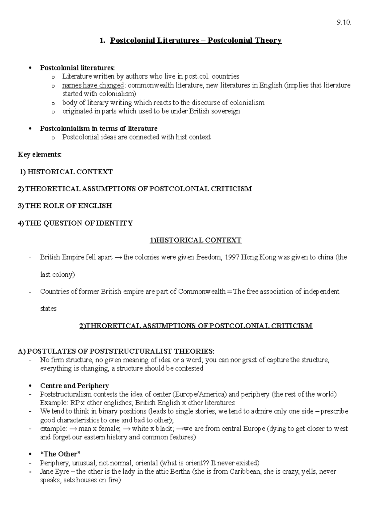 Postcolonial theory handout - 9. 1. Postcolonial Literatures ...