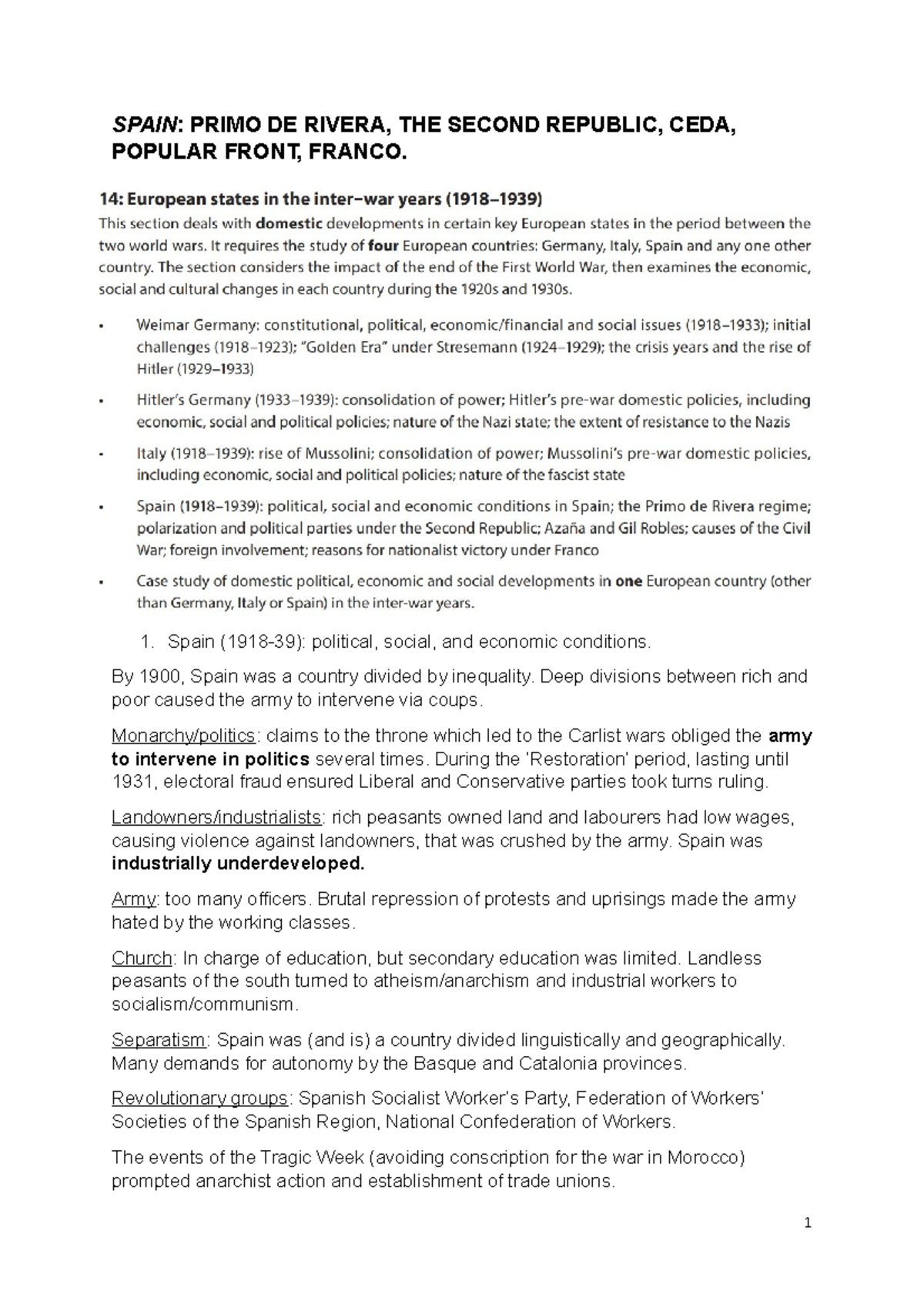 Paper 2 and 3, Authoritarian States - SPAIN: PRIMO DE RIVERA, THE ...