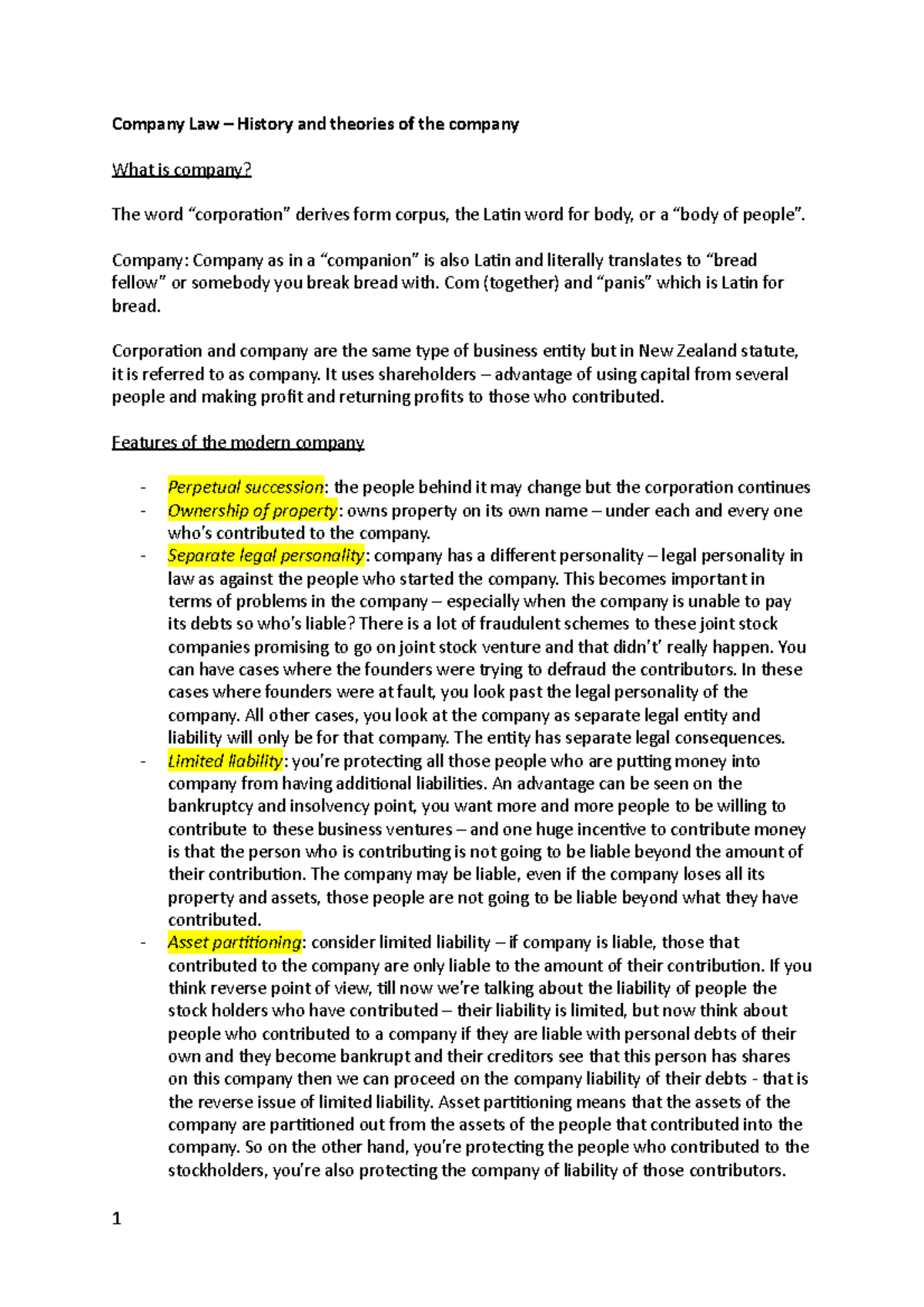 Week-1-Company - Lecture notes 1 - Company Law – History and theories ...