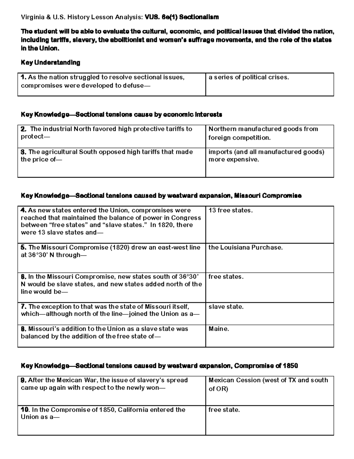 6e1 Sectionalism Notes - Virginia & U. History Lesson Analysis: VUS. 6 ...