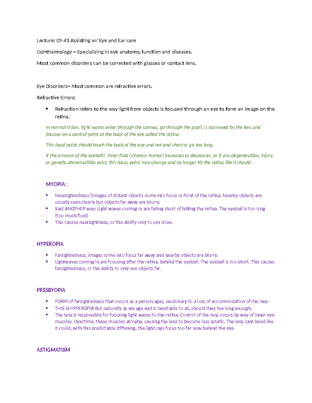 Week 3 Eye and Ear Care - Crucial Lecture Notes Completed for Recent MA ...