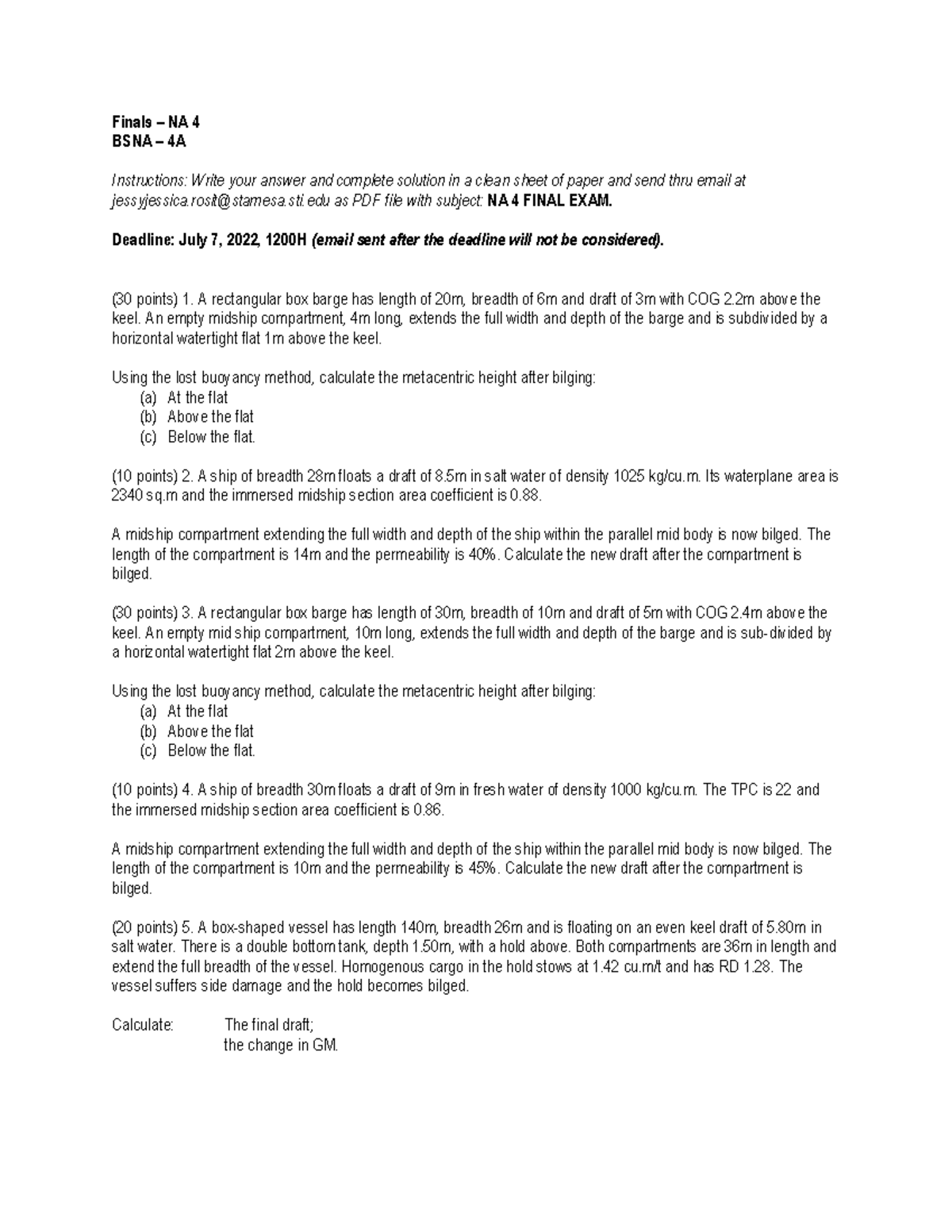 Finals-NA-4 - EXAM - Finals – NA 4 BSNA – 4A Instructions: Write your ...