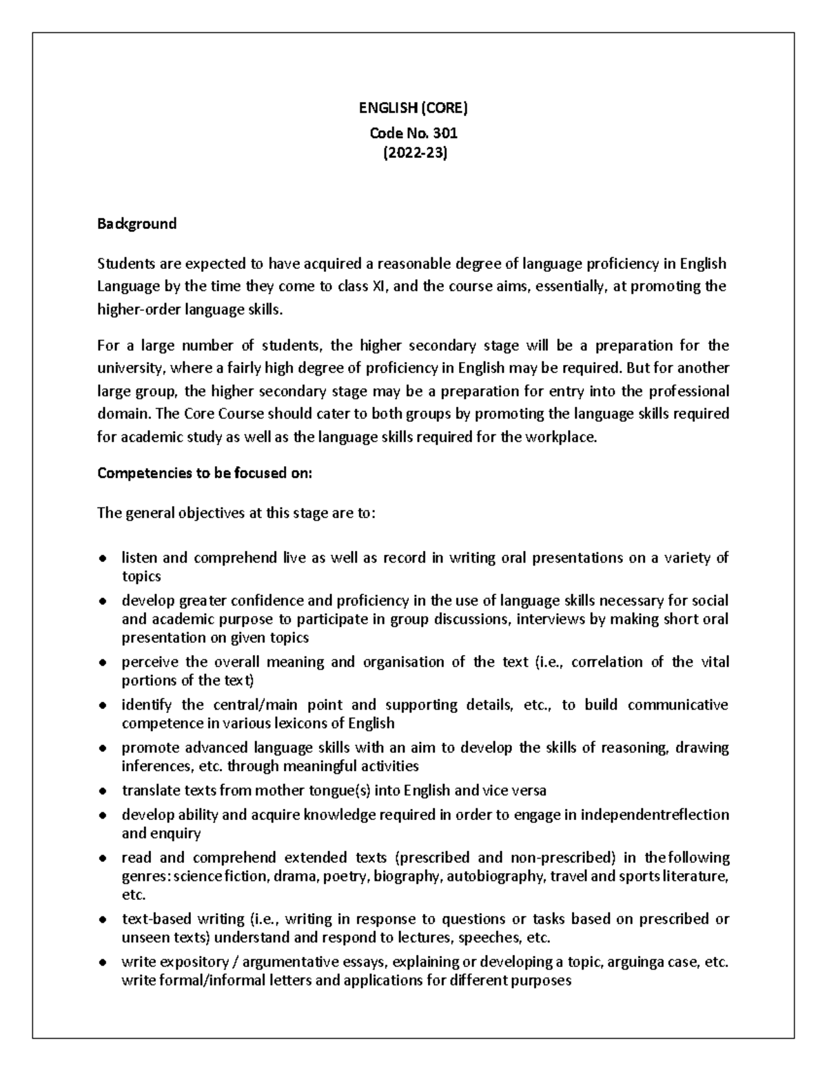 English core Sr Sec 2022-23 - ENGLISH (CORE) Code No. 301 (2022-23 ...