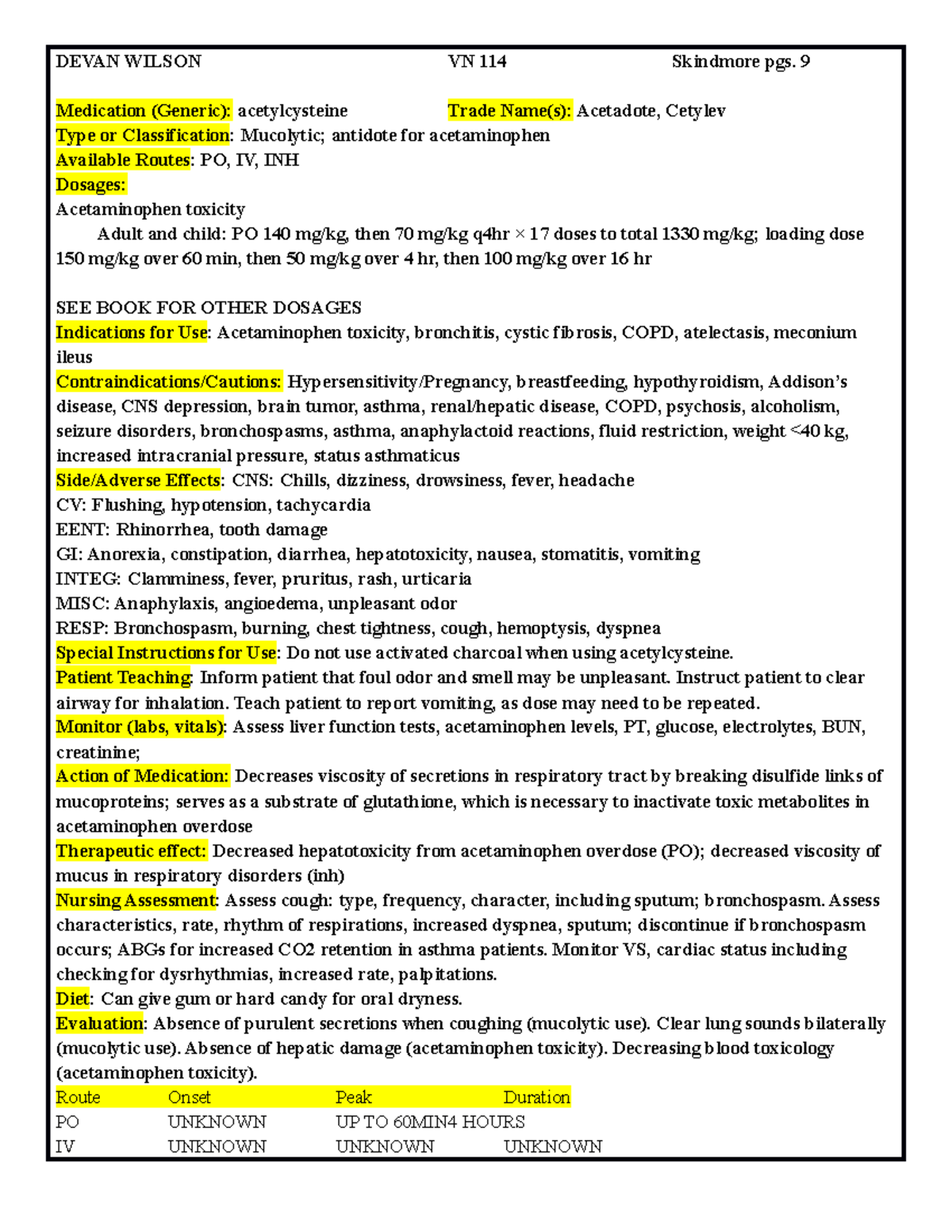 Acetylcysteine - DEVAN WILSON VN 114 Skindmore pgs. 9 Medication ...