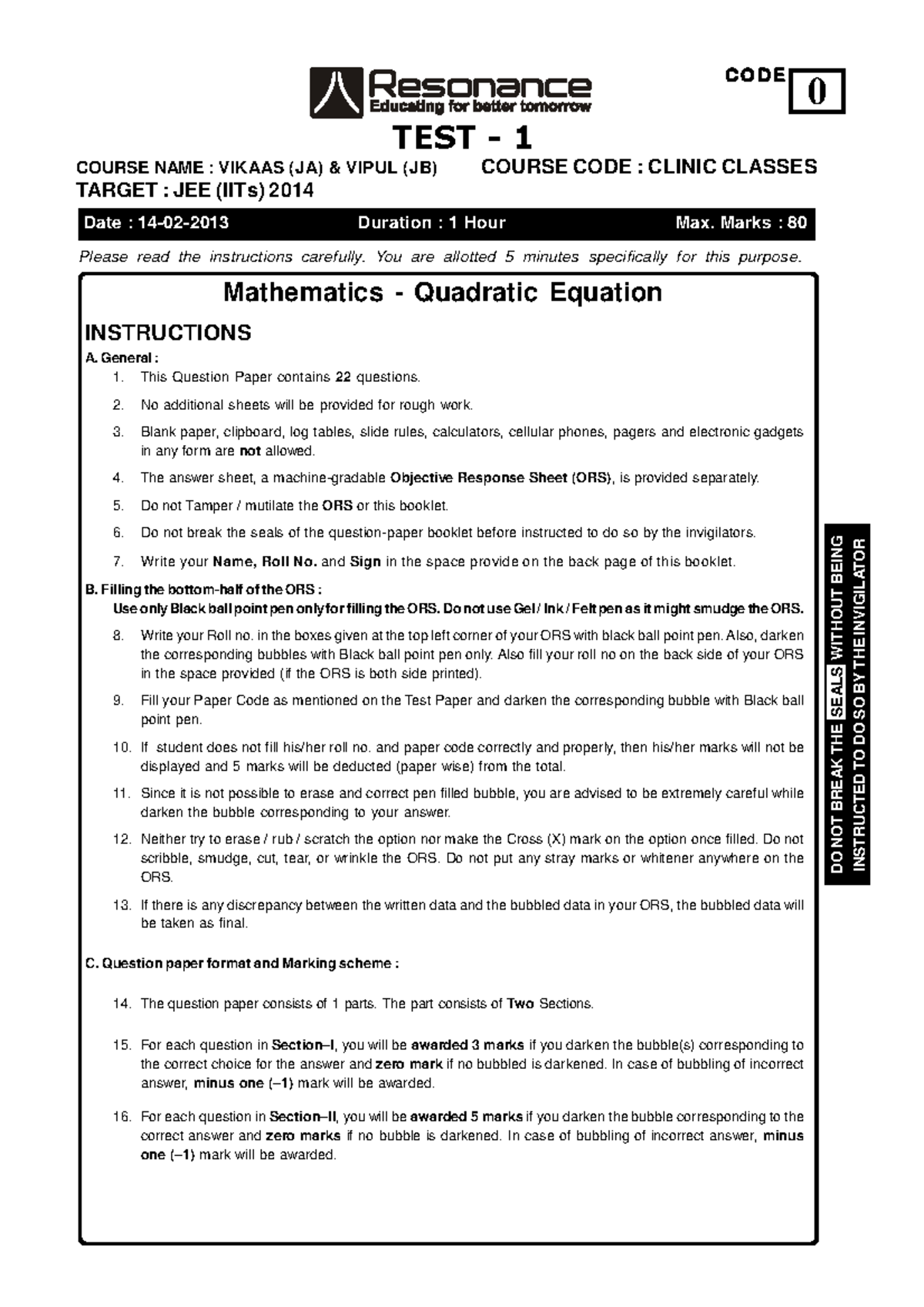 Clinic Class Test 1 M E - Test - Please read the instructions carefully ...