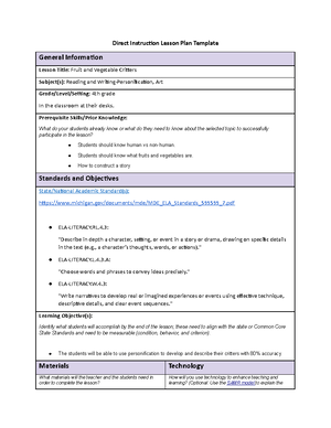 Direct Instruction Lesson Plan Template - The lesson will be in the ...
