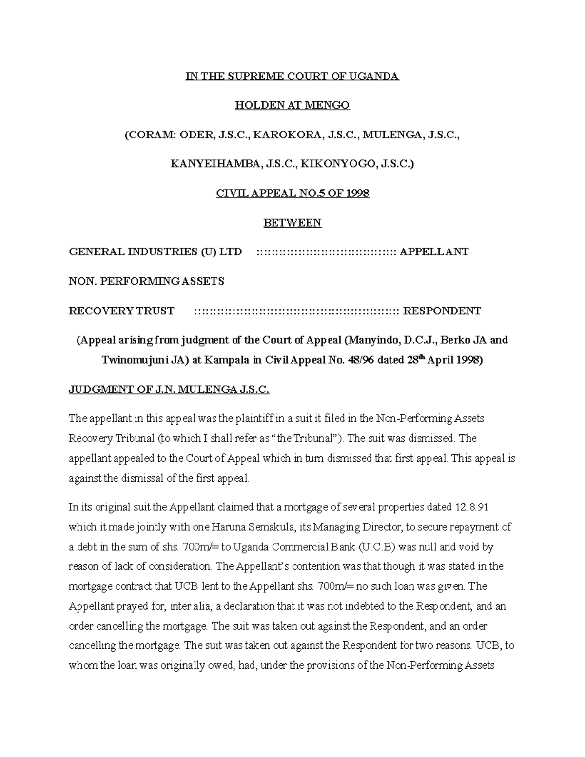 General industries case - IN THE SUPREME COURT OF UGANDA HOLDEN AT ...