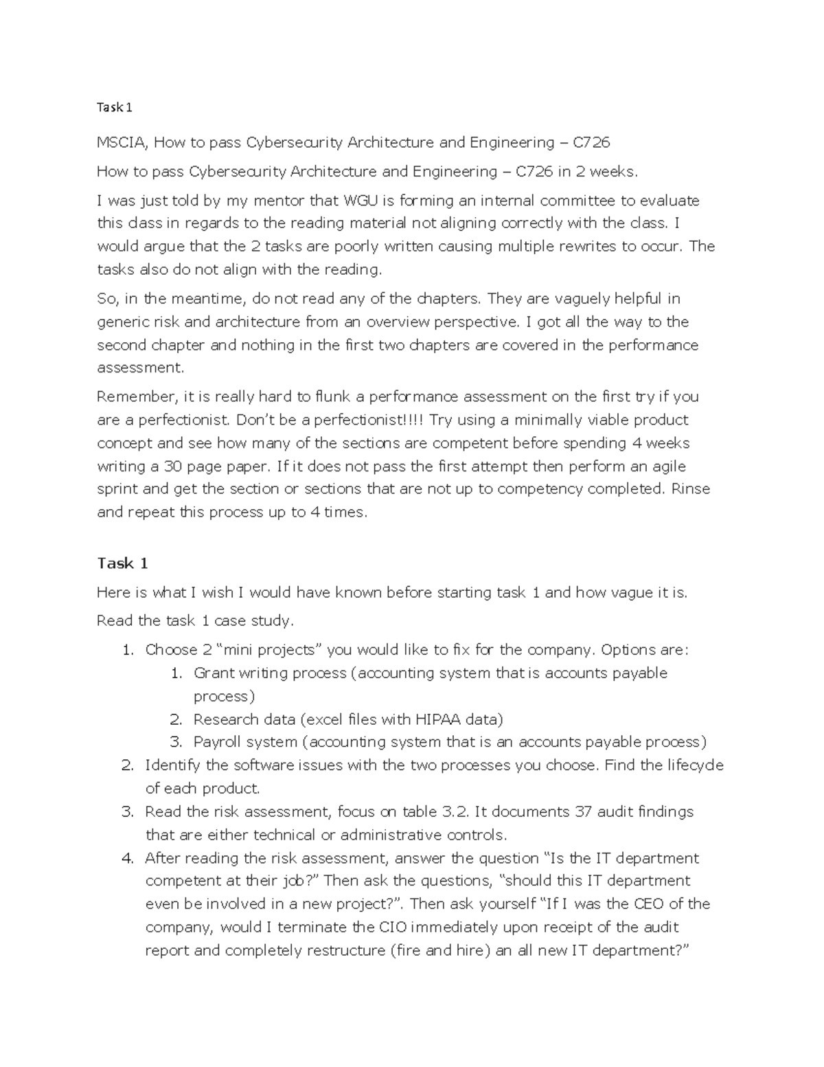 C726 Task 1 Notes for completing - Task 1 MSCIA, How to pass ...