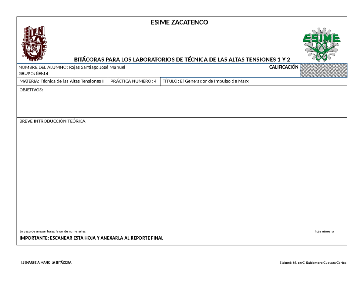 Bitacora Esime-1 - Hojas para laboratorio - ESIME ZACATENCO BITÁCORAS ...