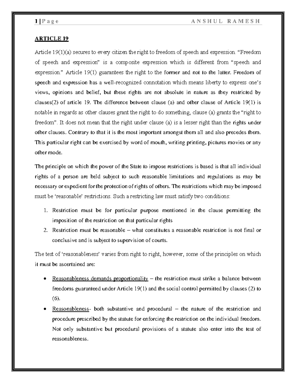 Article 19 - notes - ARTICLE 19 Article 19(1)(a) secures to every ...