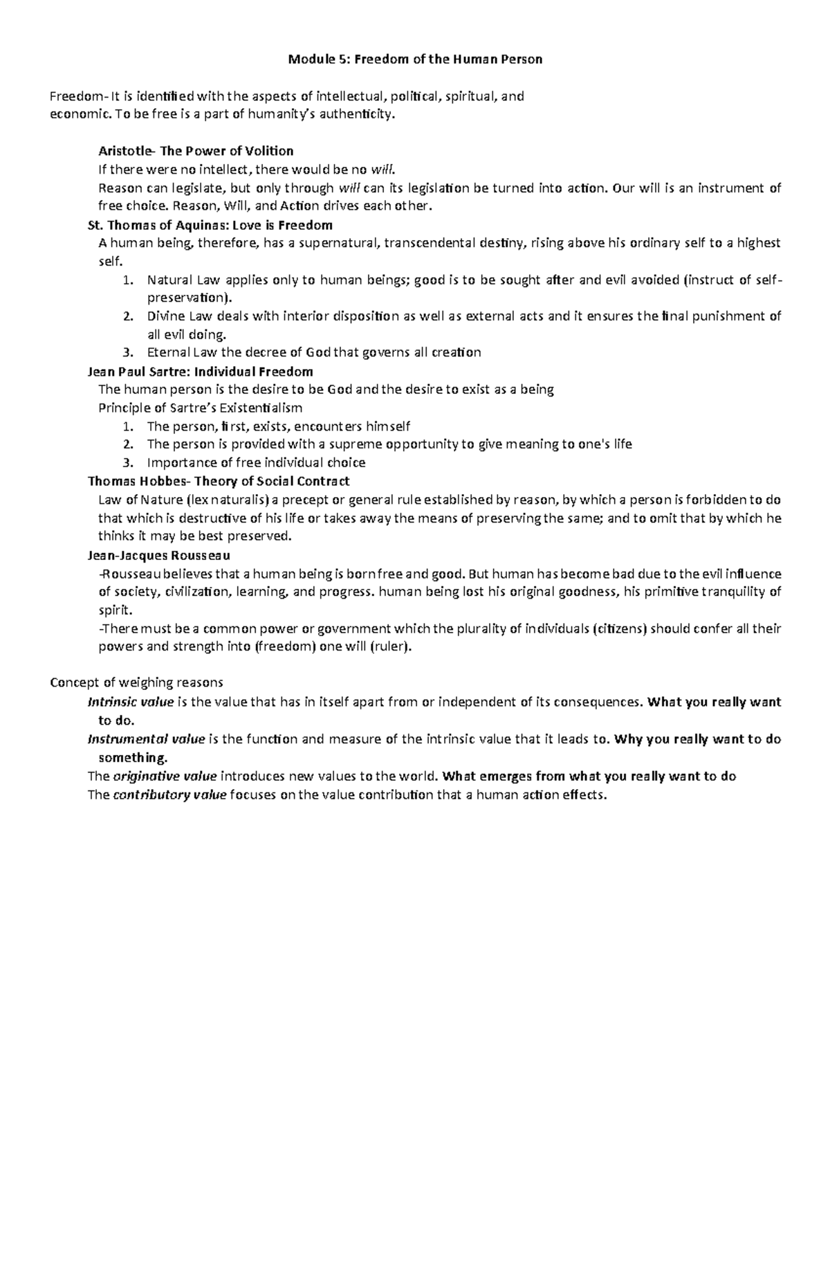 Intro To Philo Hand Out-Q2 - Module 5: Freedom of the Human Person Freedom- It is iden with the ...