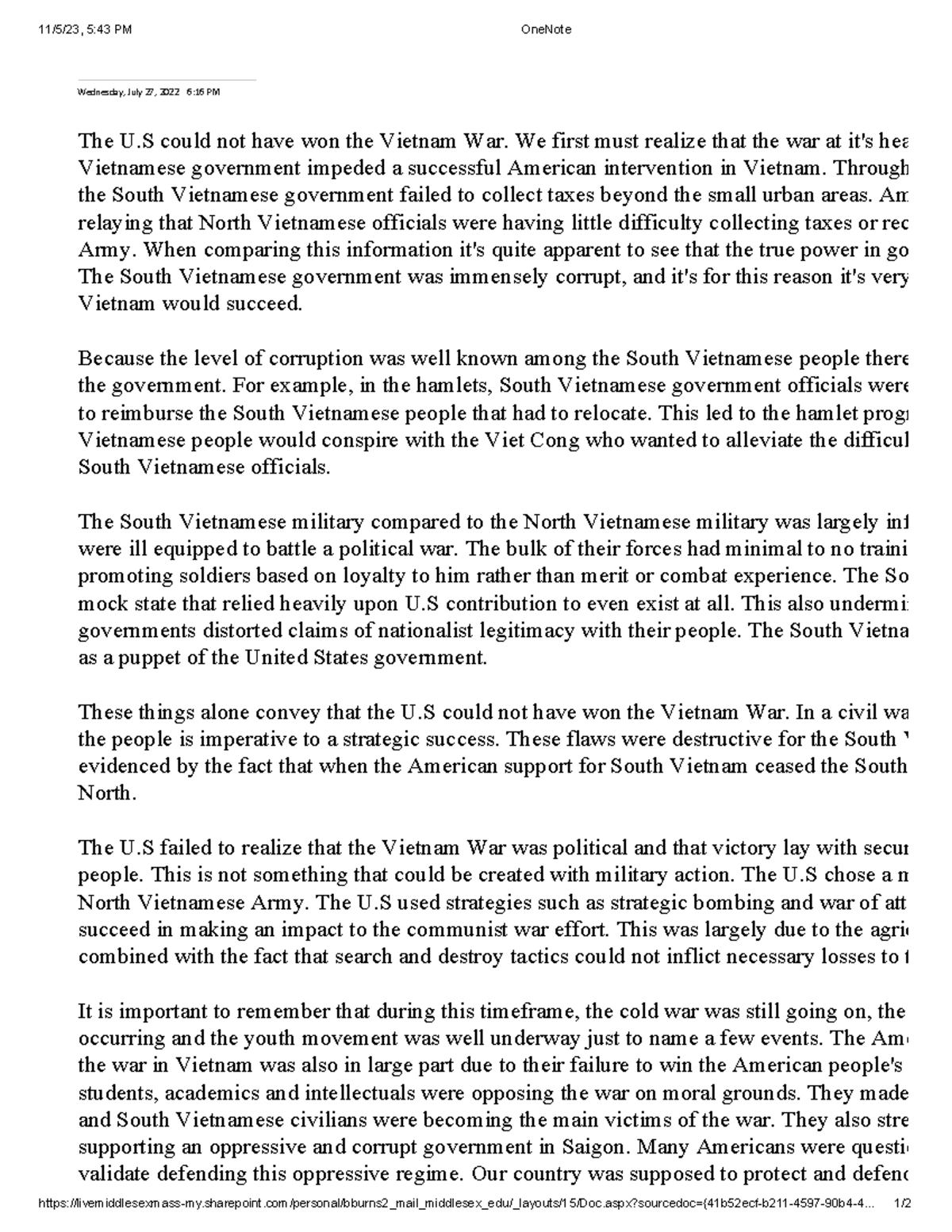 US History After -1876 vietnam notes - 11/5/23, 5:43 PM OneNote - Studocu