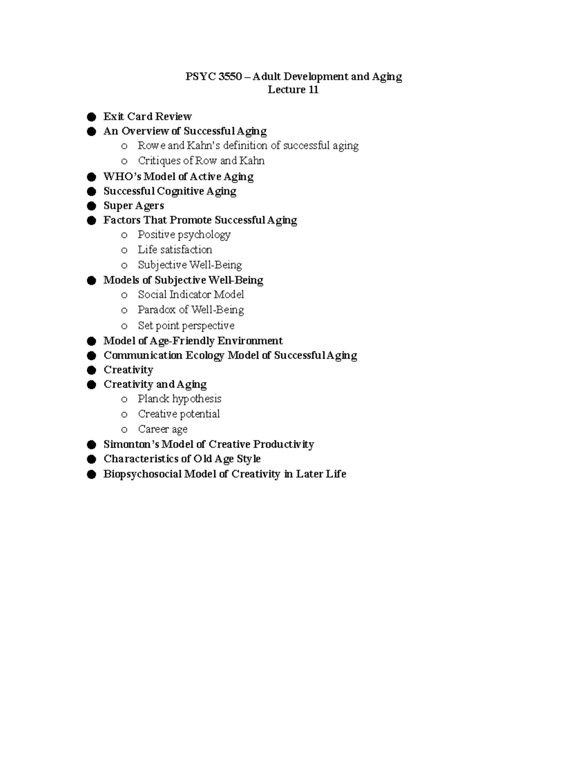 Lecture Outline - PSYC 3550 – Adult Development and Aging Lecture 11 Exit Card Review An - Studocu