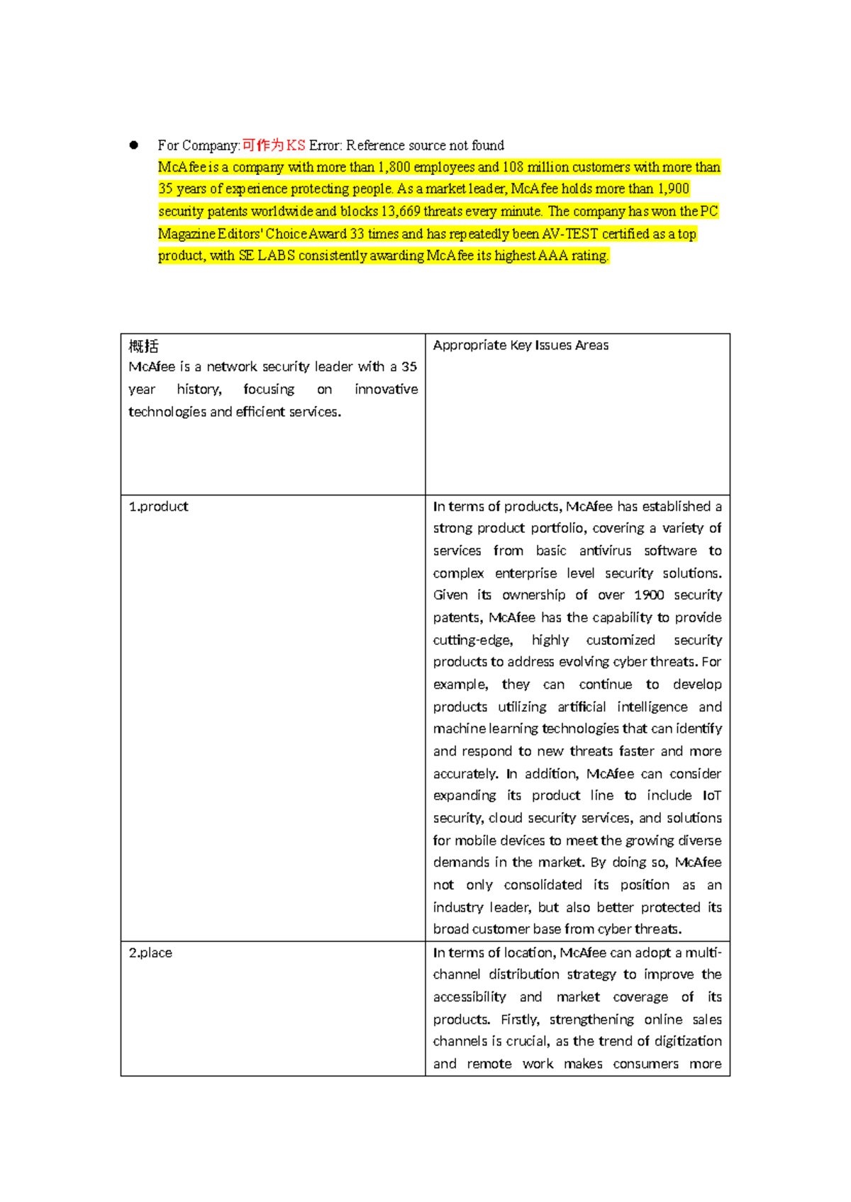 Key issues - good - For Company:可作为 KS Error: Reference source not found McAfee is a company ...