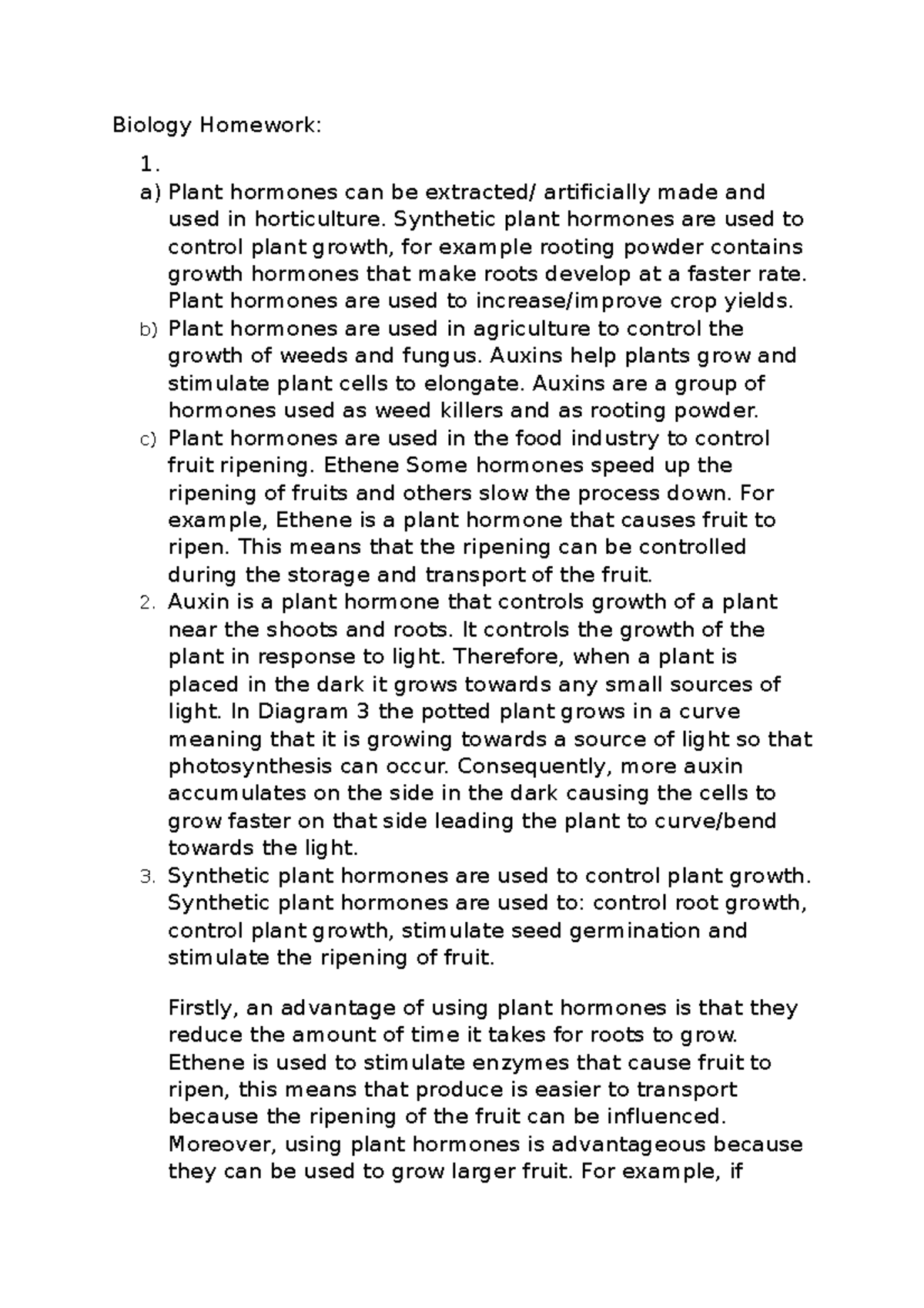 Biology Homework - plant hormones - Biology Homework: 1. a) Plant ...